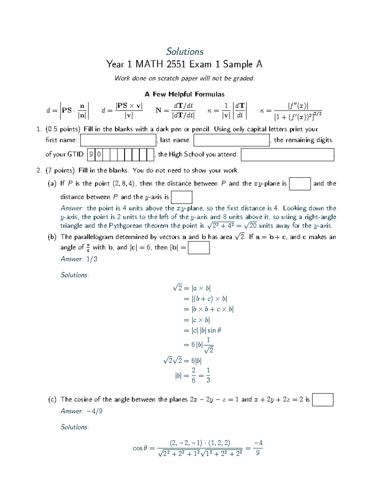 Samples Exam 1Solutions - Solutions Year 1 MATH 2551 Exam 1 Sample A ...