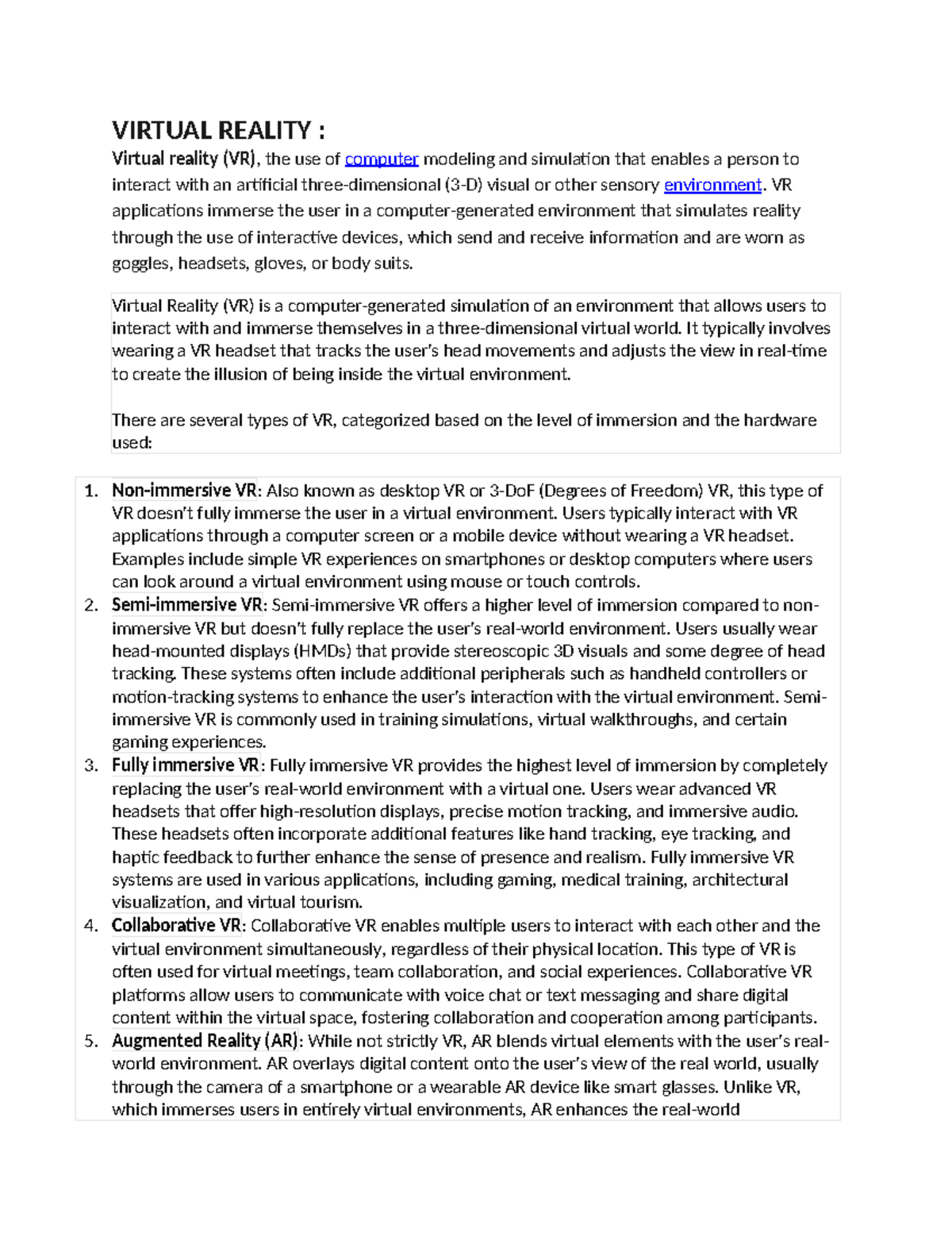 Virtual Reality - notes - VIRTUAL REALITY : Virtual reality (VR), the ...