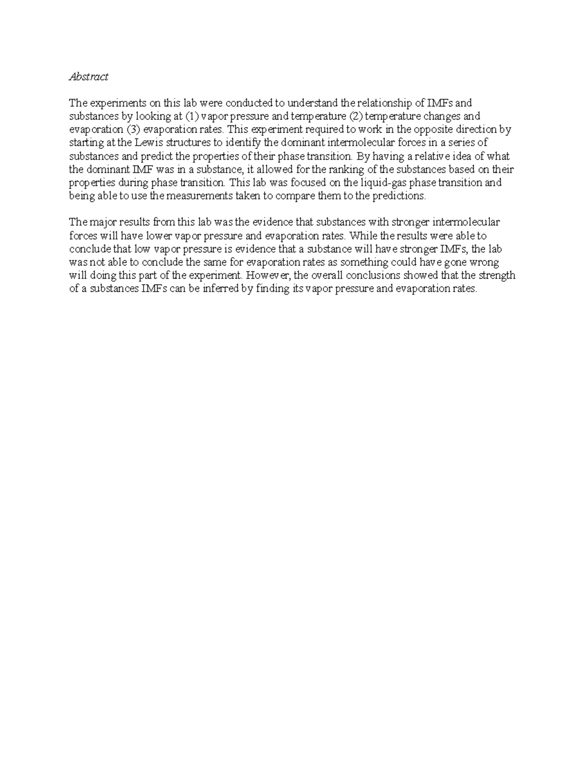 Post Lab 11 - Post lab for intermolecular forces - Abstract The ...