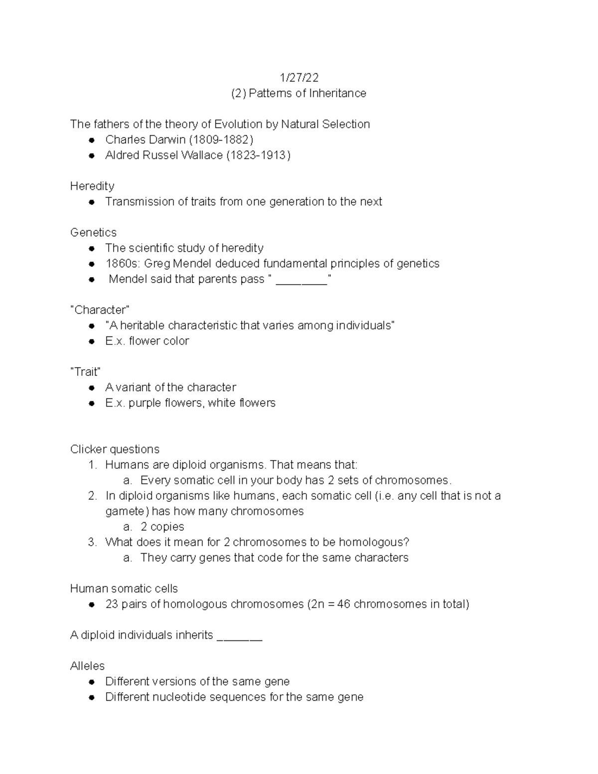 EBIO-1010 Class Notes - 1/27/ (2) Patterns of Inheritance The fathers ...