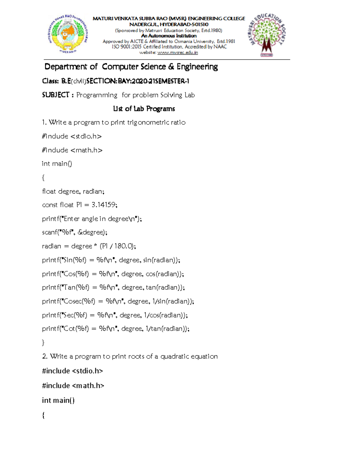 Latest pps lab record prg list 21-22 - Department of Computer Science ...