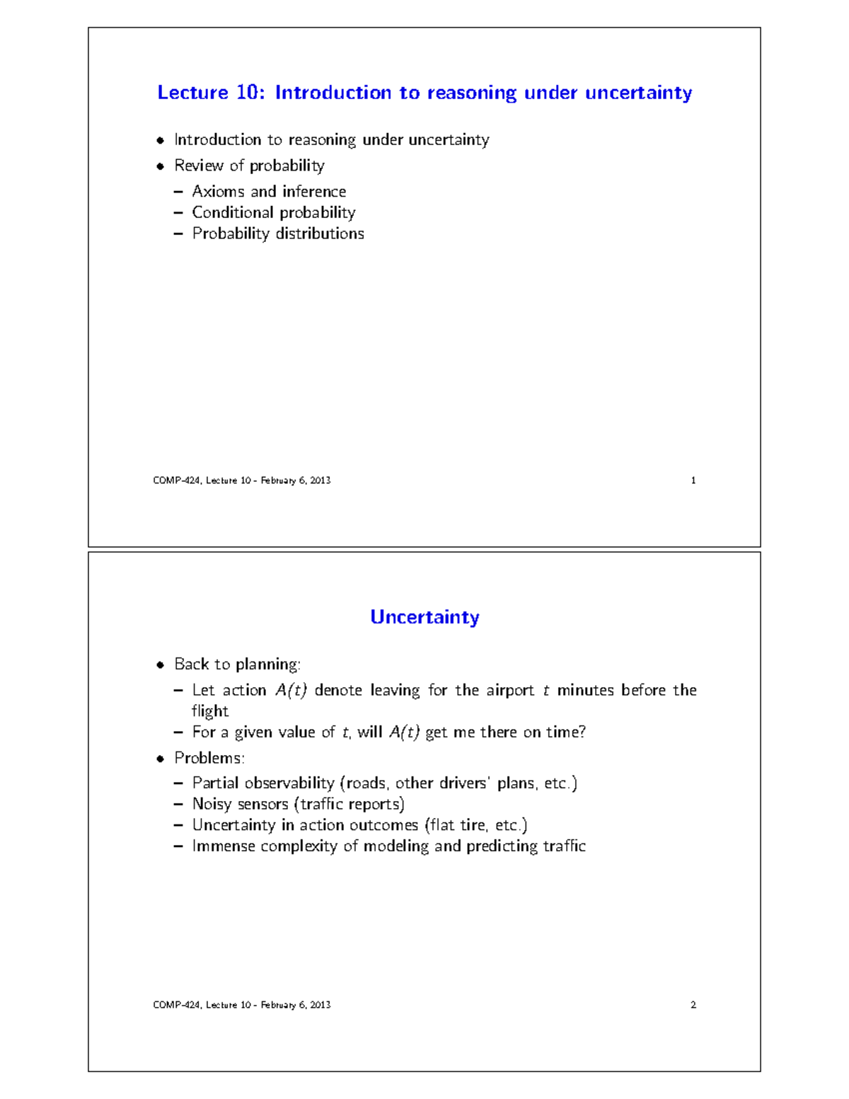 Ai-lecture 10 - Lecture 10: Introduction to reasoning under uncertainty Introduction to ...
