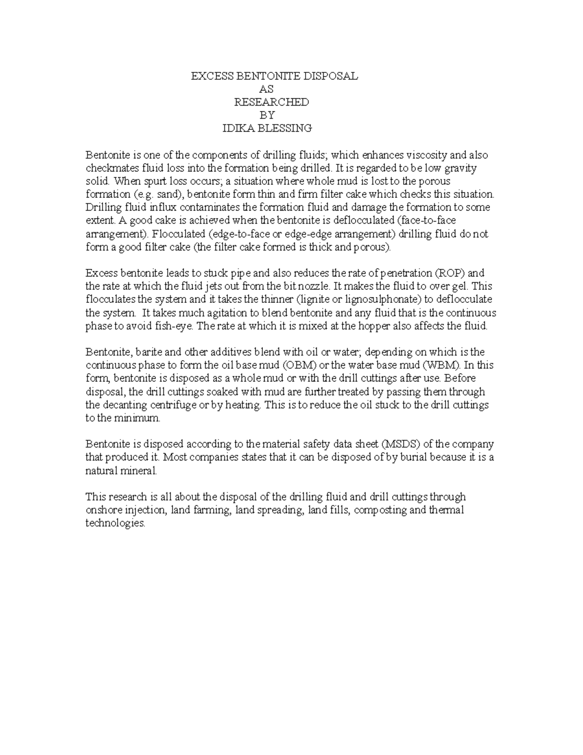 Research on excess bentonite disposal - EXCESS BENTONITE DISPOSAL AS ...