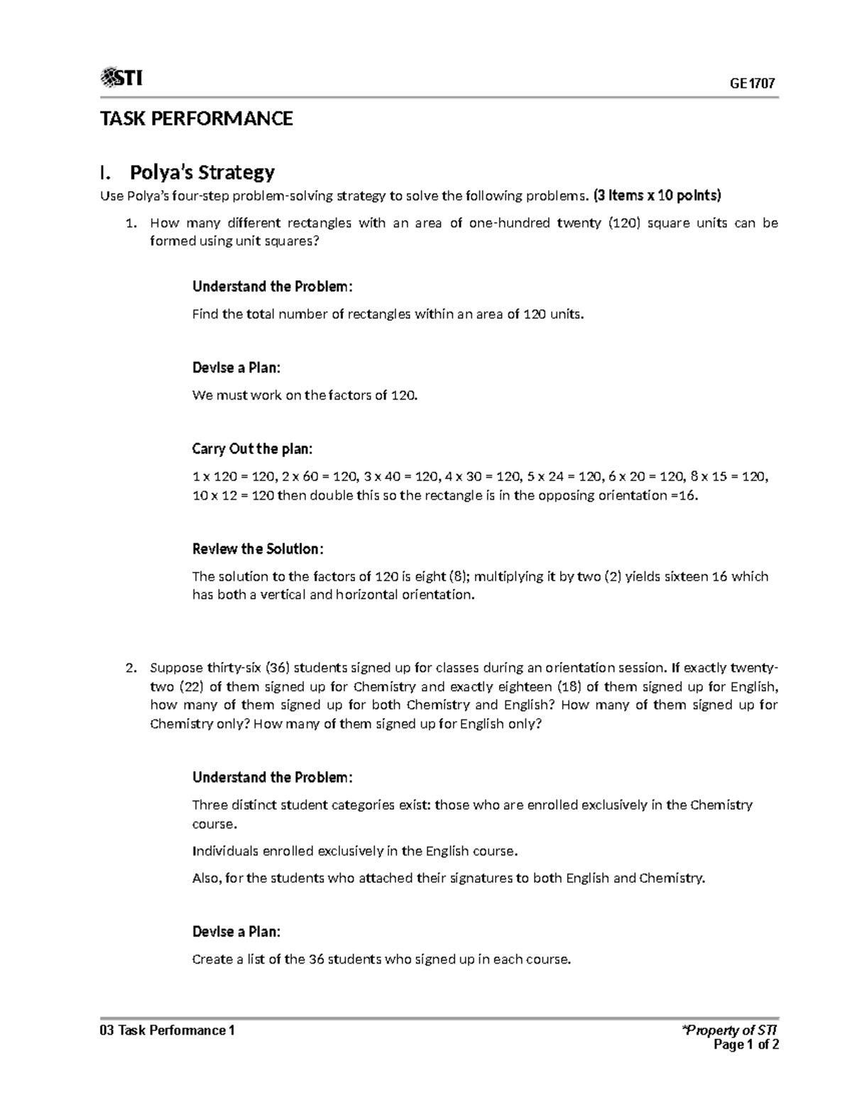 03 Task Performance 1 - TASK PERFORMANCE I. Polya’s Strategy Use Polya’s four-step problem ...