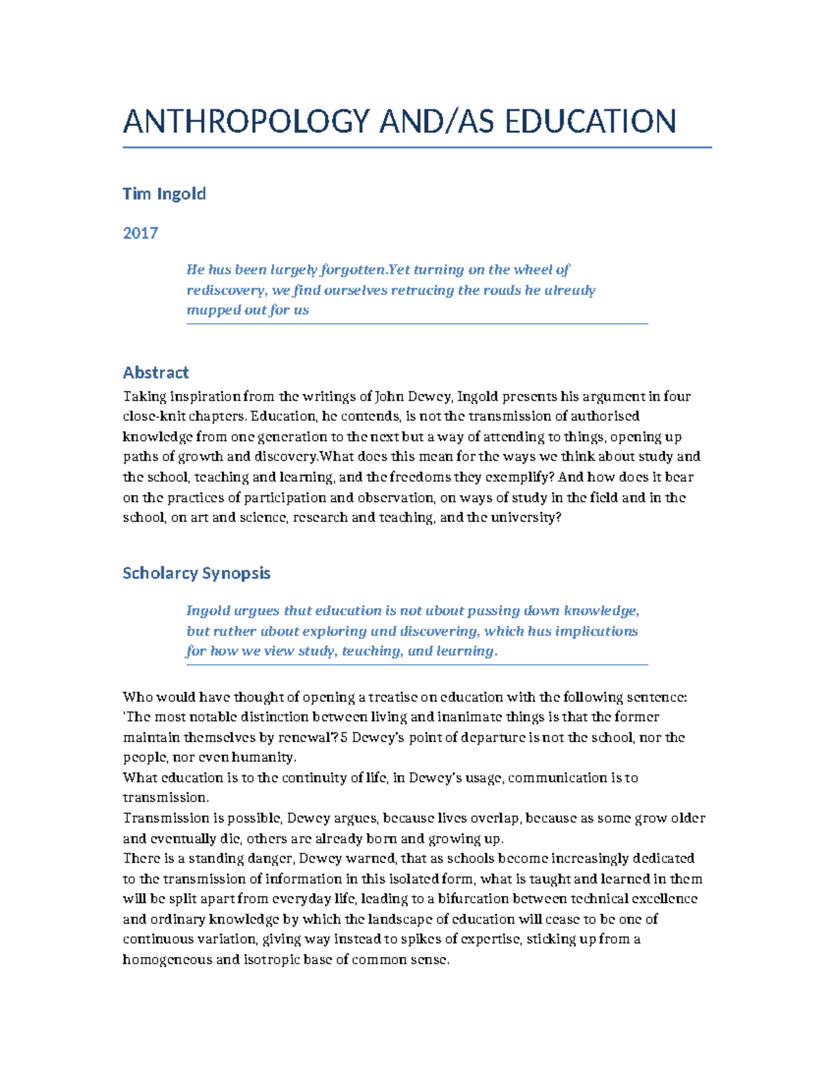 Ingold - Riassunto Anthropology and as Education - ANTHROPOLOGY AND/AS ...