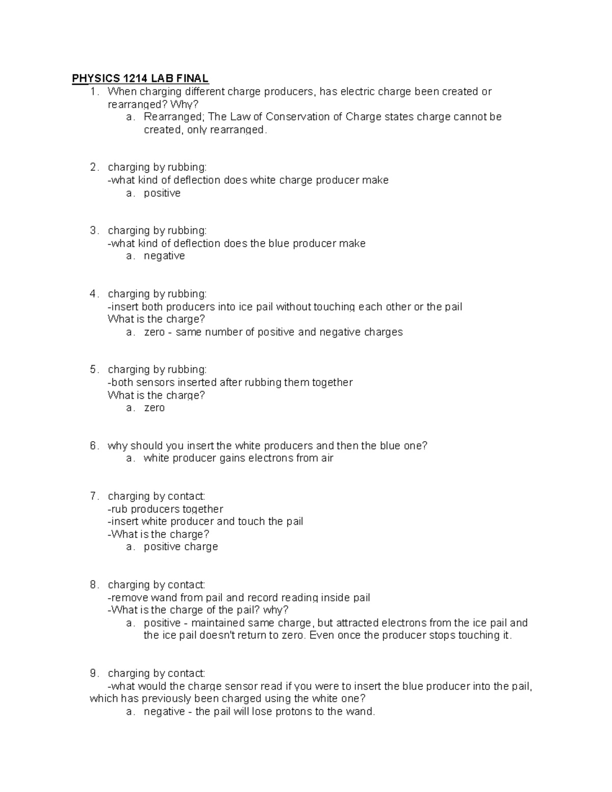 Physics 1214 LAB Final - PHYSICS 1214 LAB FINAL When charging different ...