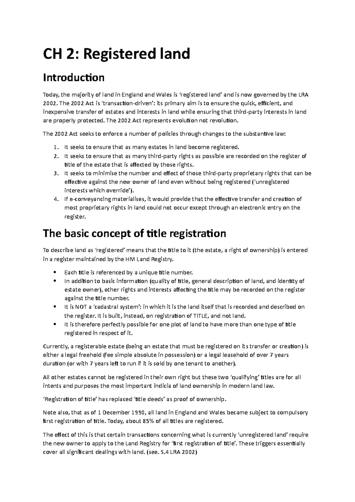 CH 2 registered land notes - CH 2: Registered land Introduction Today ...