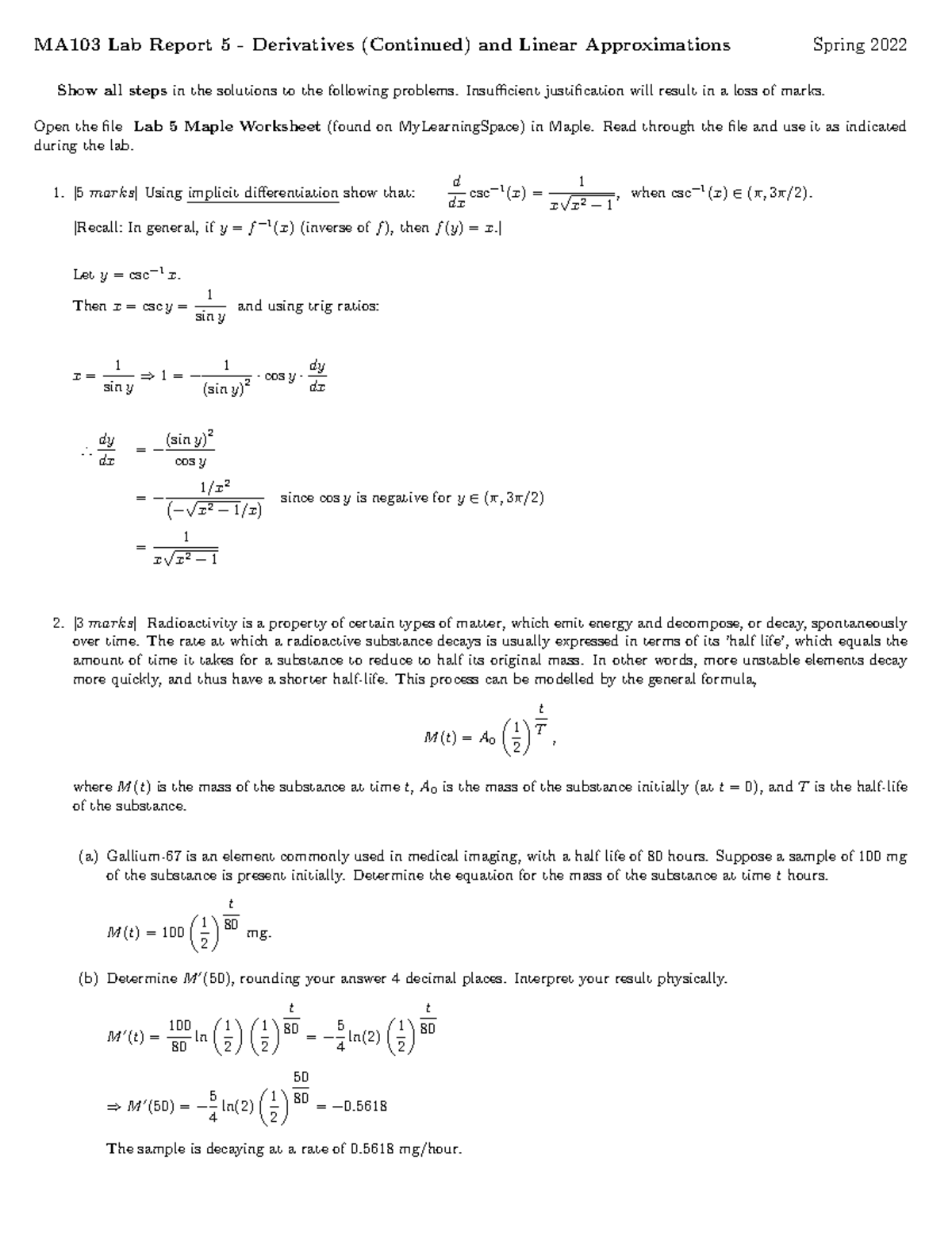 MA103 Lab 5 Solutions - MA103 Lab Report 5 - Derivatives (Continued ...