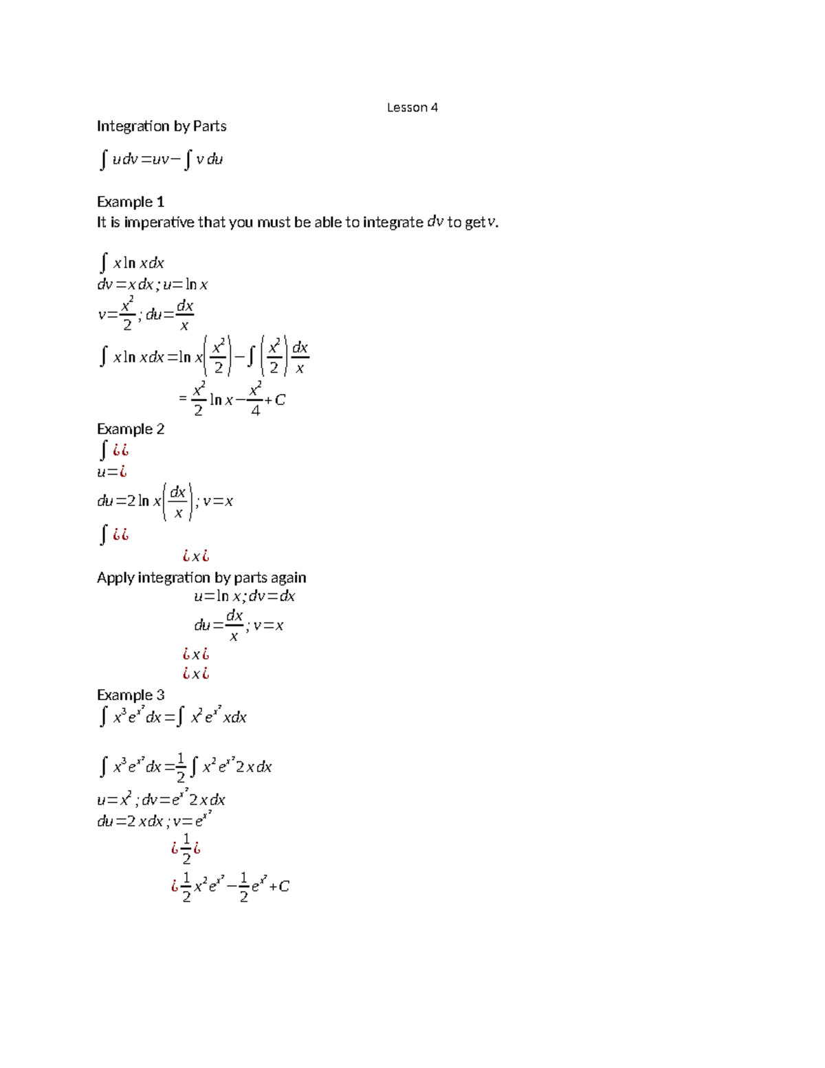 Lecture-5-Integration-by-Parts - Lesson 4 Integration by Parts ∫u dv =uv−∫v du Example 1 It is ...