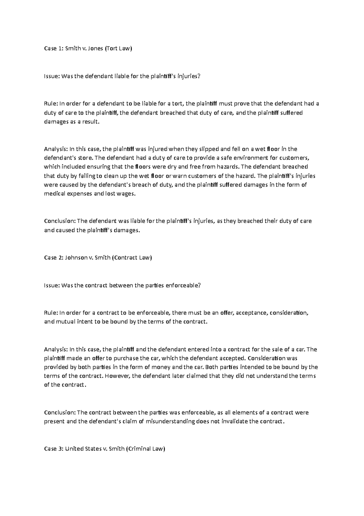 6 IRAC - IRAC MODEL ANSWER USING CASES - Case 1: Smith v. Jones (Tort ...