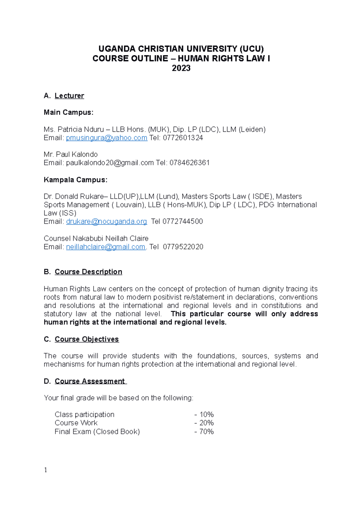 UCU Human Rights Law 1 Course Outline 2023 - UGANDA CHRISTIAN ...