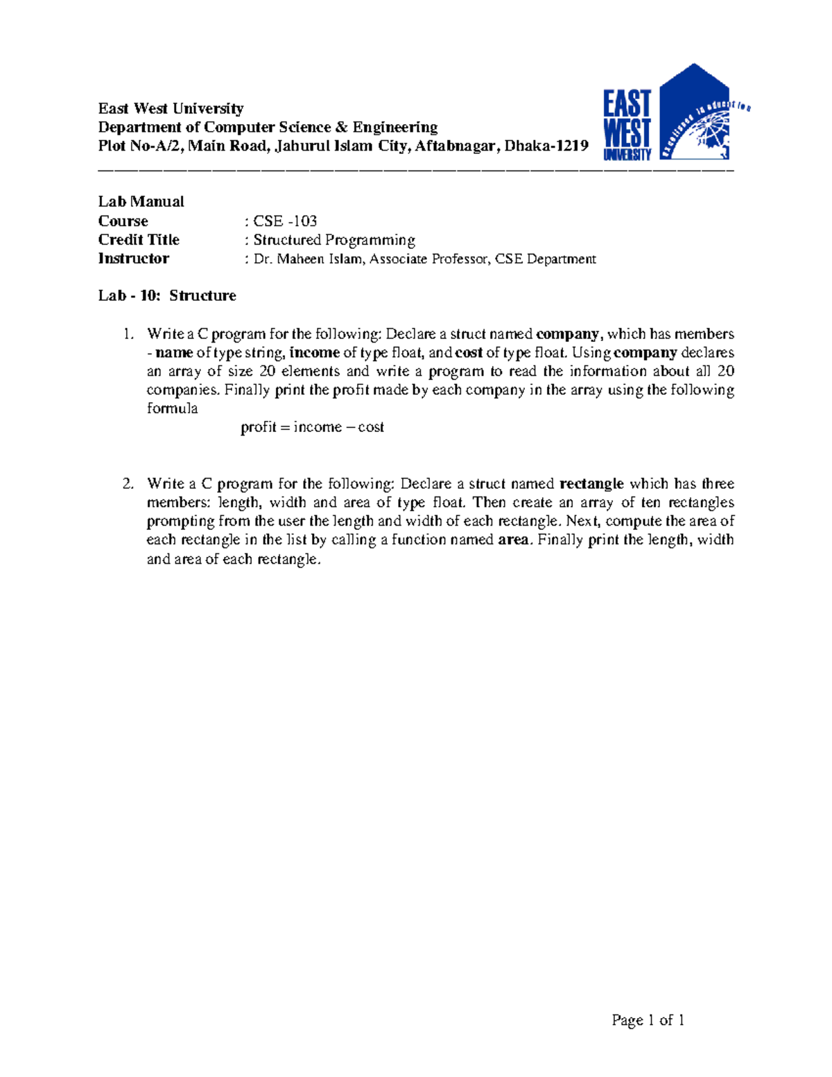 Cse103 Lab 9 Structure Page 1 Of 1 East West University Department Of