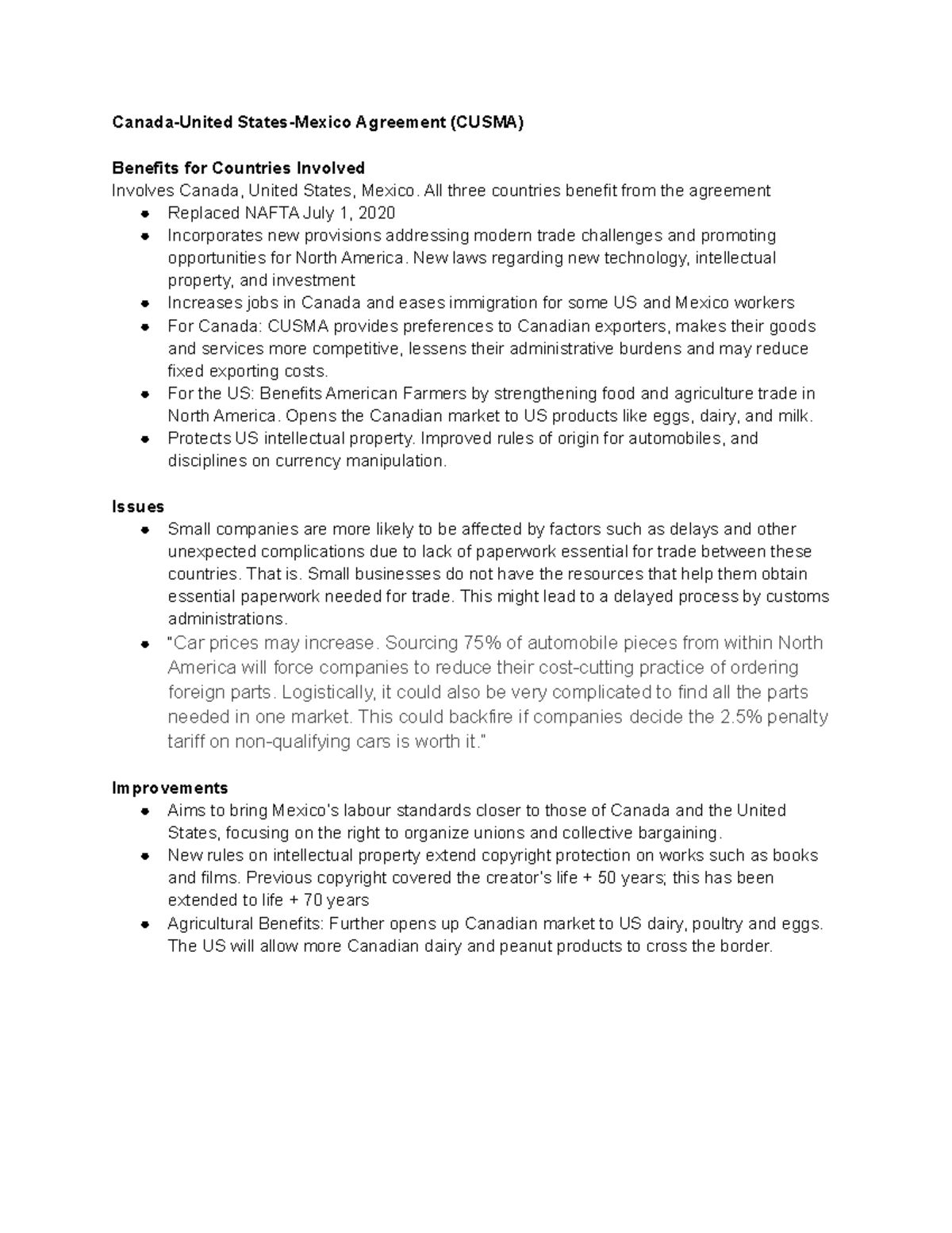 Cusma agreement - Canada-United States-Mexico Agreement (CUSMA ...