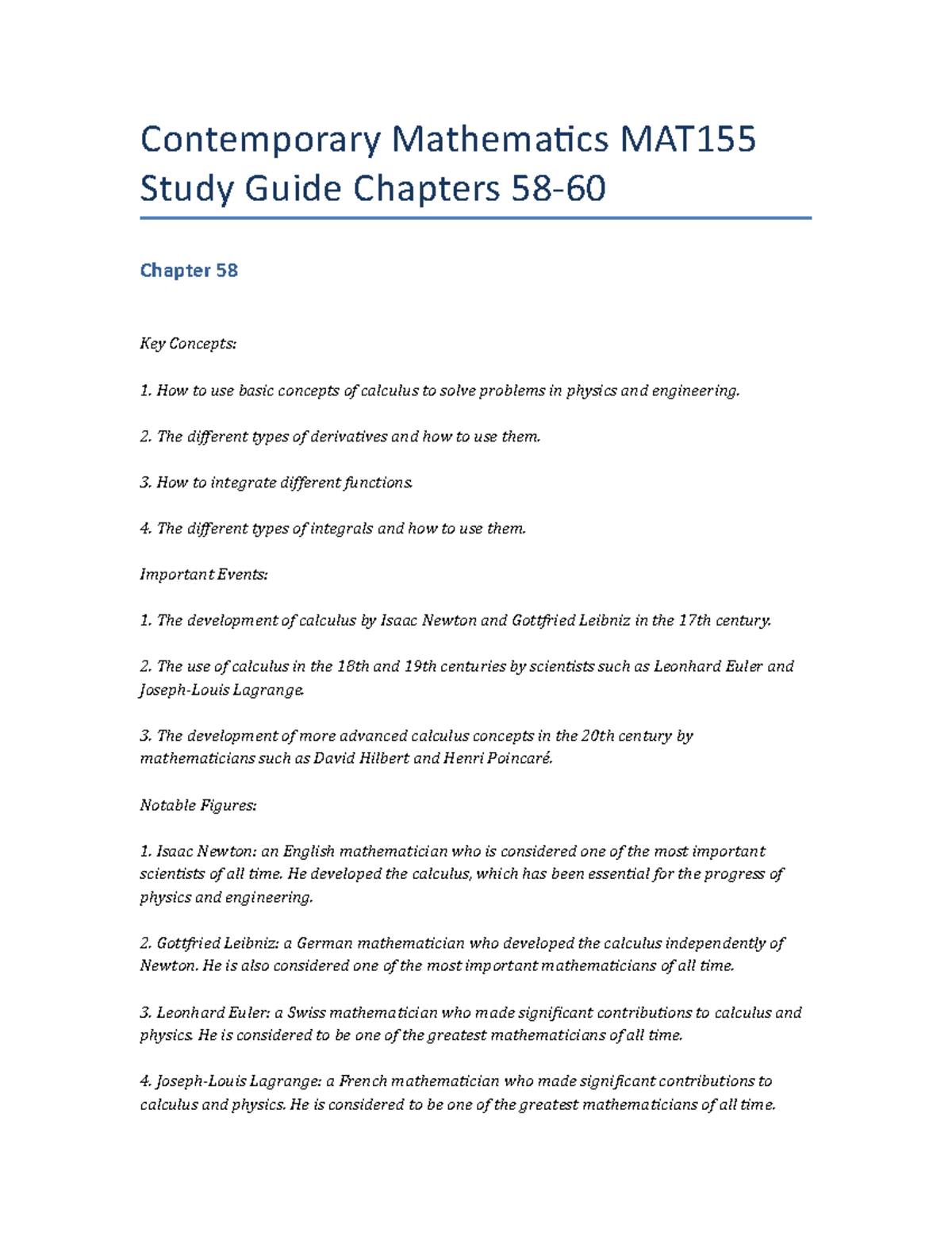 Contemporary Mathematics MAT155 Study Guide Chapters 58-60 ...