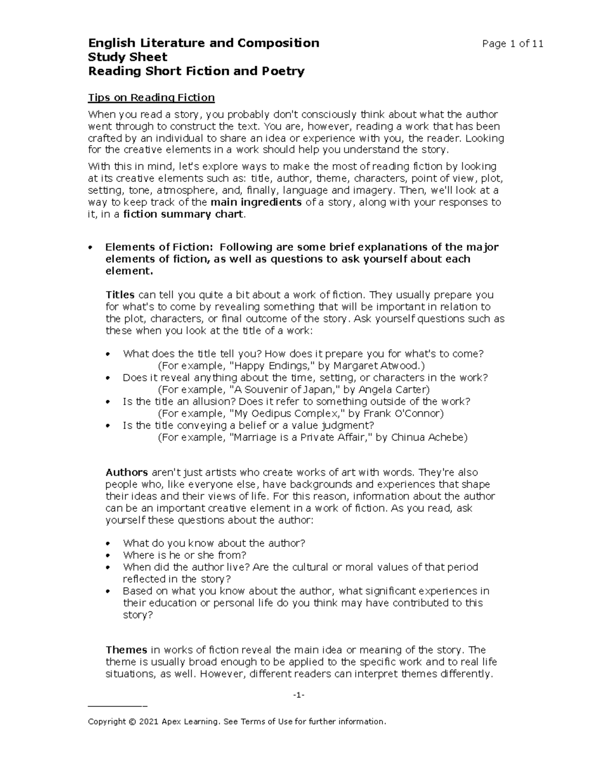 2.1.1 Study Sheet - It is notes - Study Sheet Reading Short Fiction and ...
