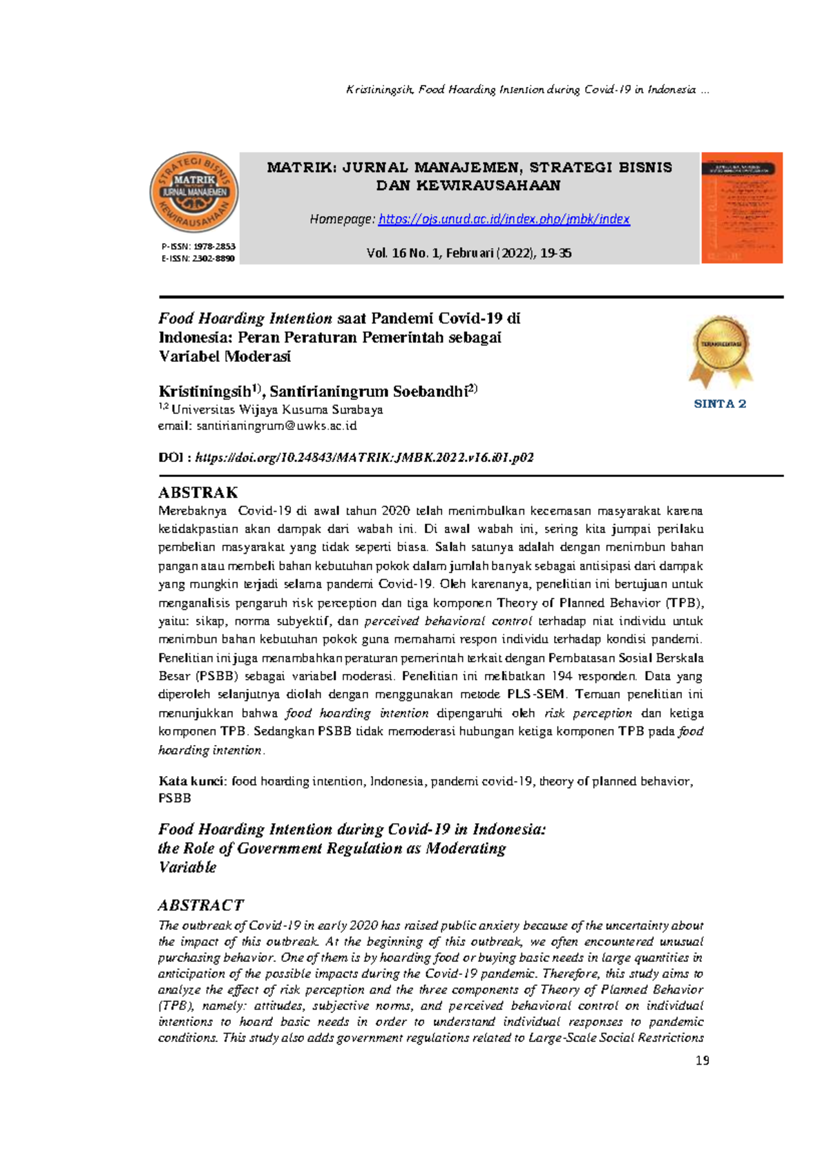 75616 481 262537 2 10 20220309 - Kristiningsih, Food Hoarding Intention during Covid-19 in ...