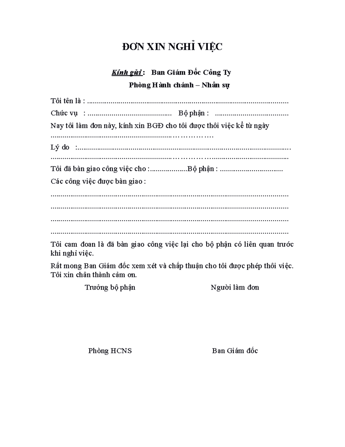 BMNV 02 Don xin nghi viec - ĐƠN XIN NGHỈ VIỆC Kính gửi : Ban Giám Đốc ...