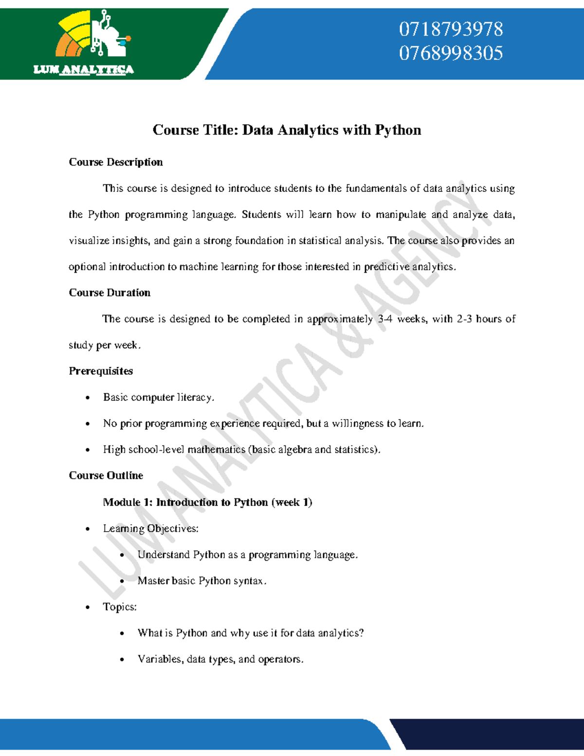 Data Analytics with Python - LUM ANALYTICA 0718793978 0768998305 Course Title: Data Analytics ...