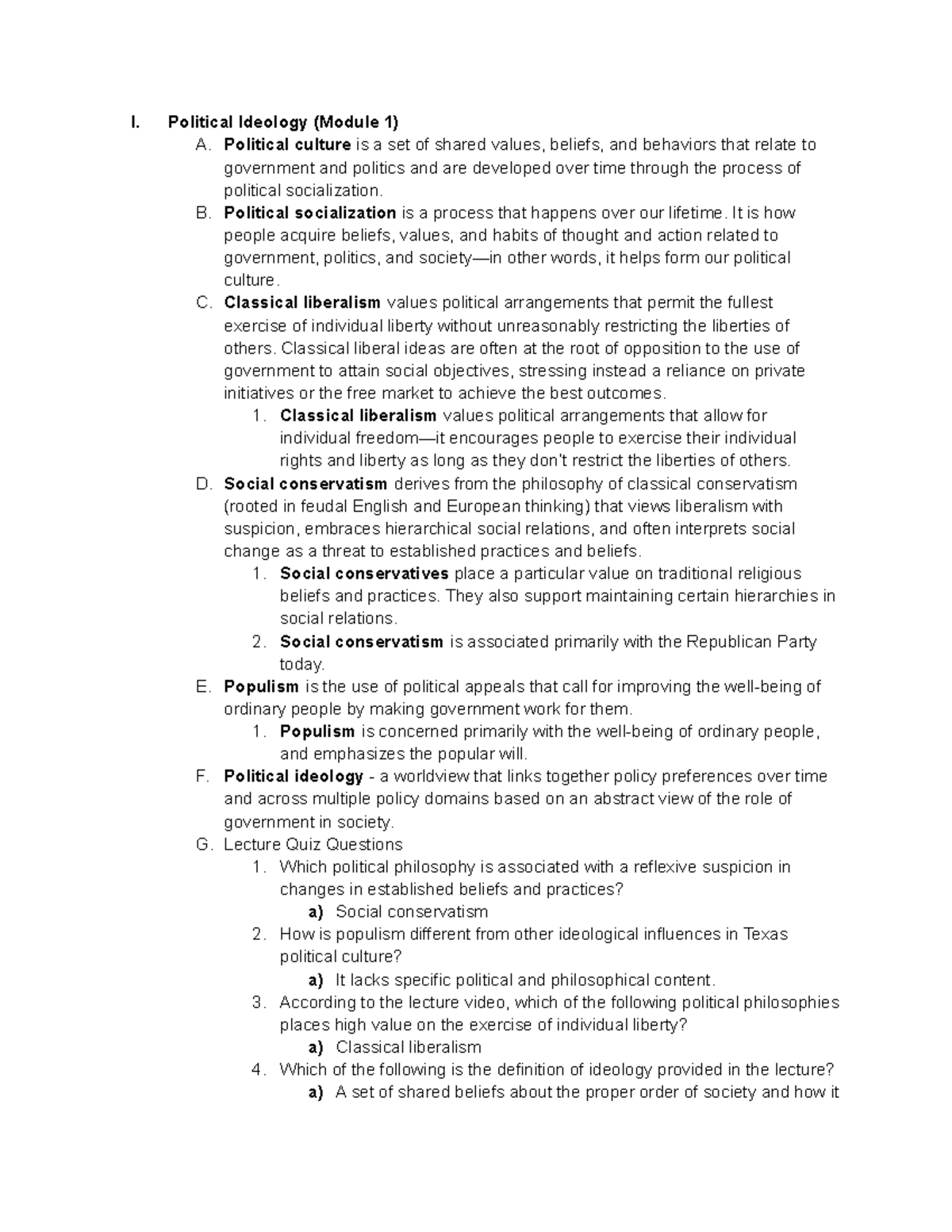 GOV 312L Final Exam Review - I. Political Ideology (Module 1) A ...