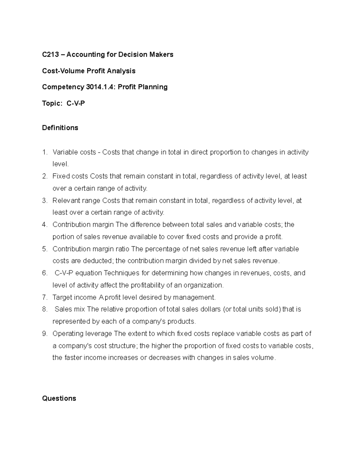 C213 CVP Analysis - Study Guide Worksheets - C213 – Accounting for ...