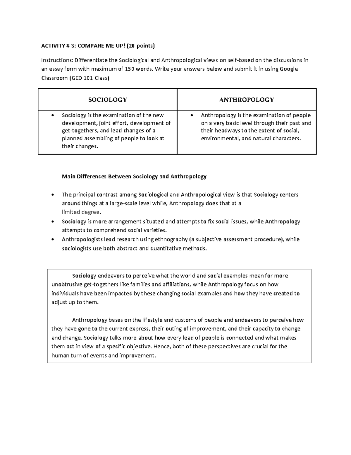 Activity 3 ( Compare ME UP) - ACTIVITY # 3: COMPARE ME UP! (20 points ...