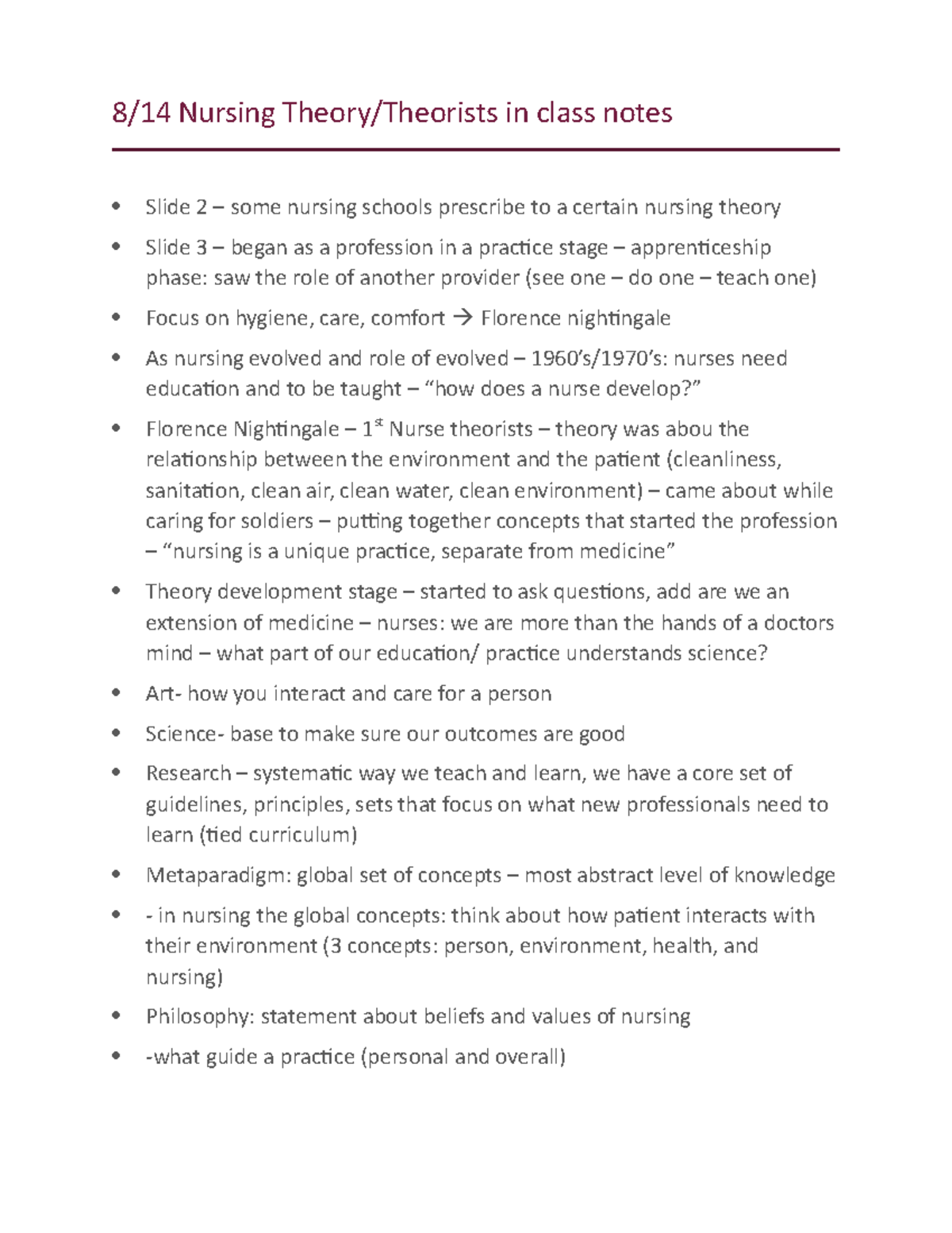 Nursing Theory notes - 8/14 Nursing Theory/Theorists in class notes ...