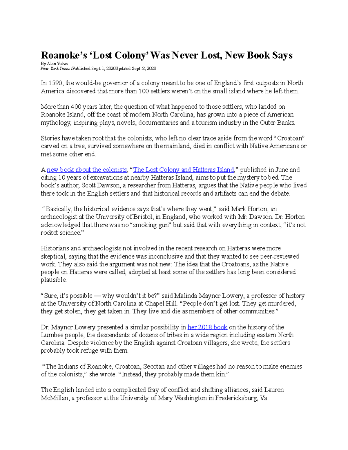 Roanoke - Roanoke’s ‘Lost Colony’ Was Never Lost, New Book Says By Alan ...