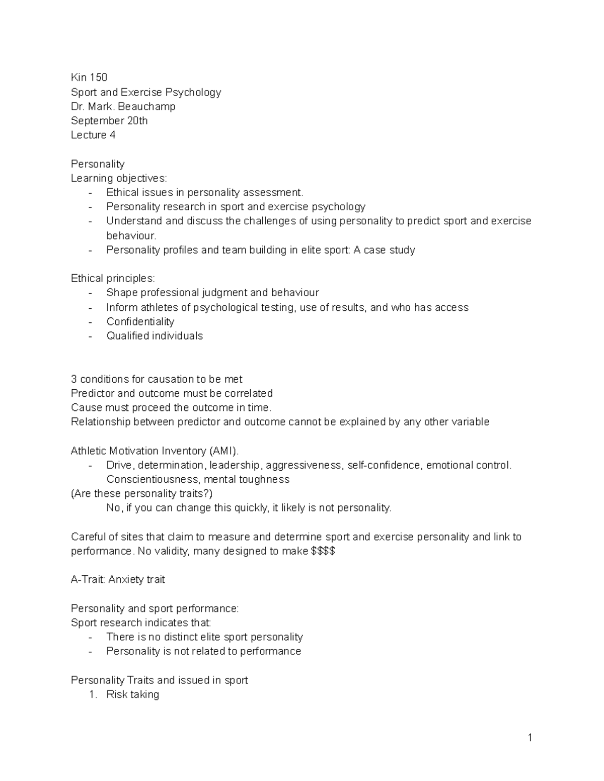 KIN 150 Lect.4 Ch - the notes are on personality - Kin 150 Sport and ...