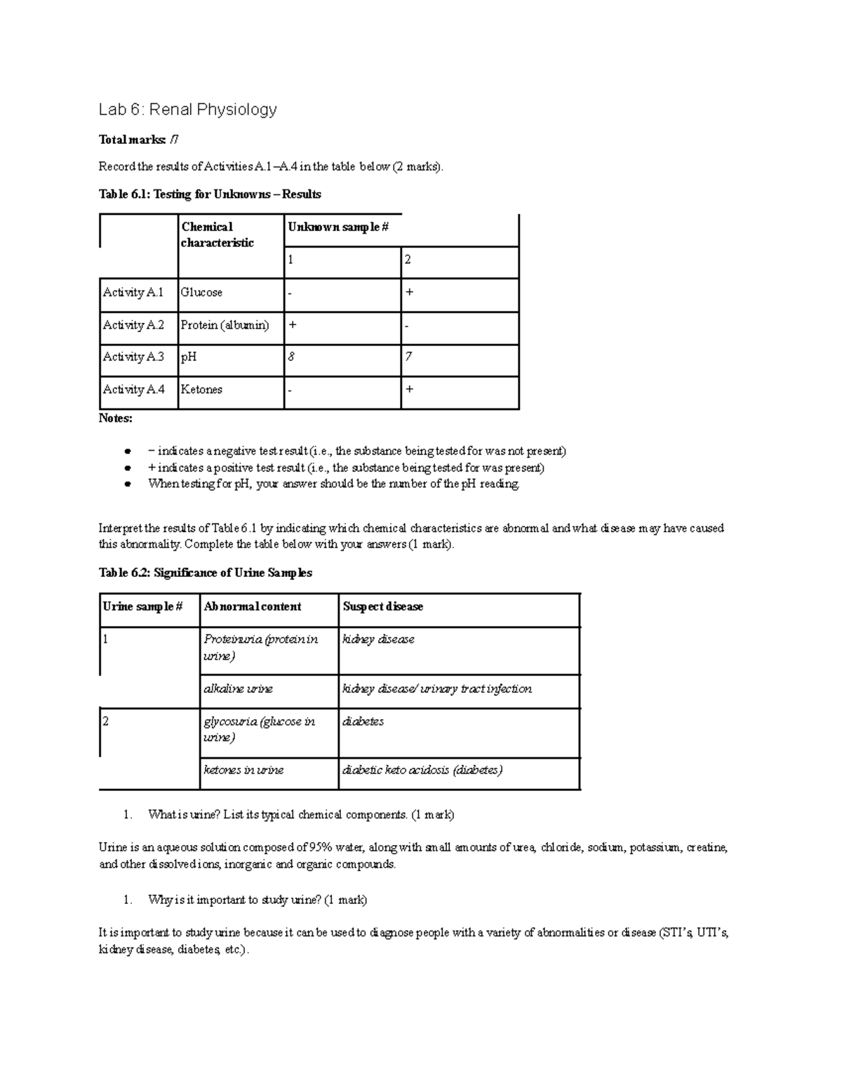 Home Lab 6 - Renal Physiology - Lab 6: Renal Physiology Total marks ...