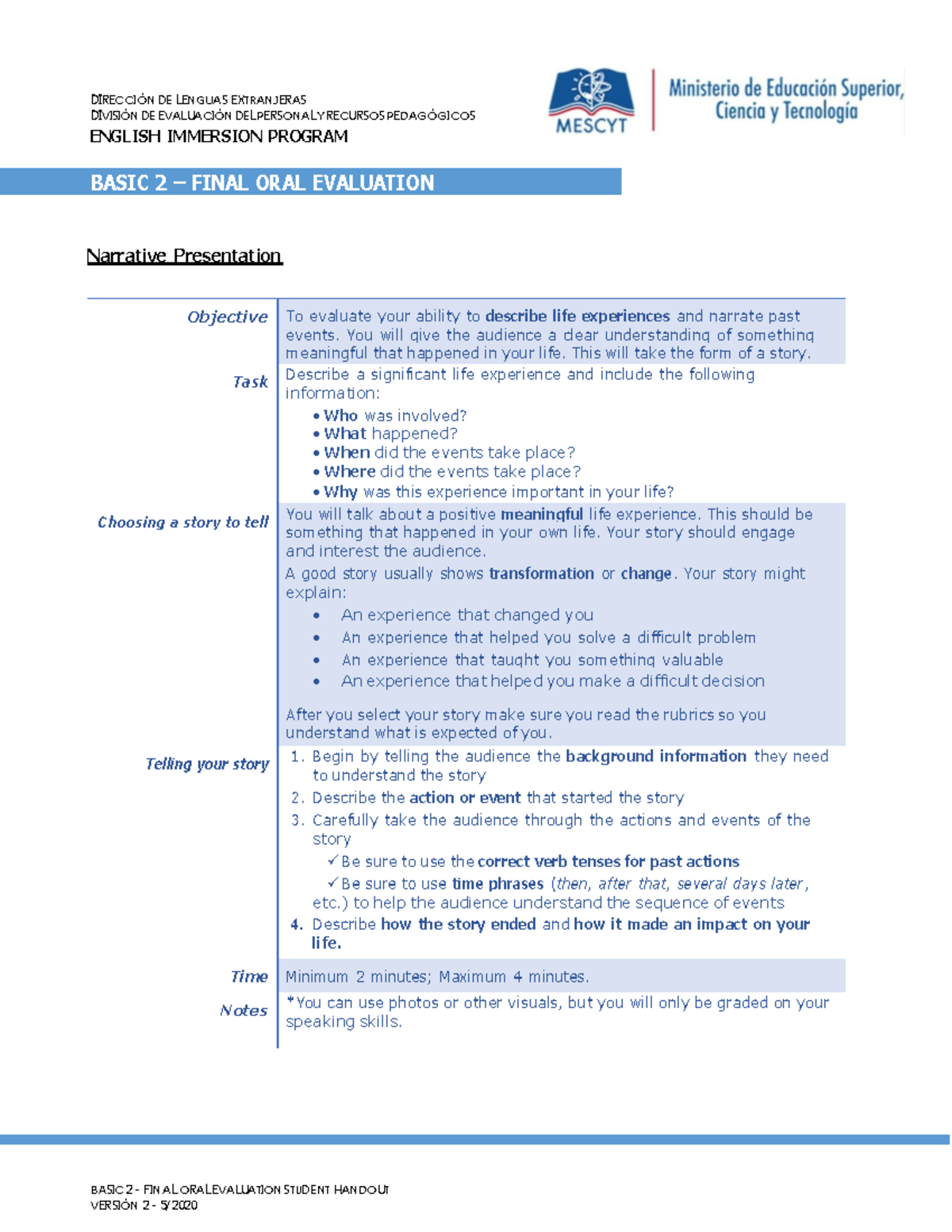 Basic 2 - Final Oral Eval Student Handout - DIRECCIÓN DE LENGUAS ...
