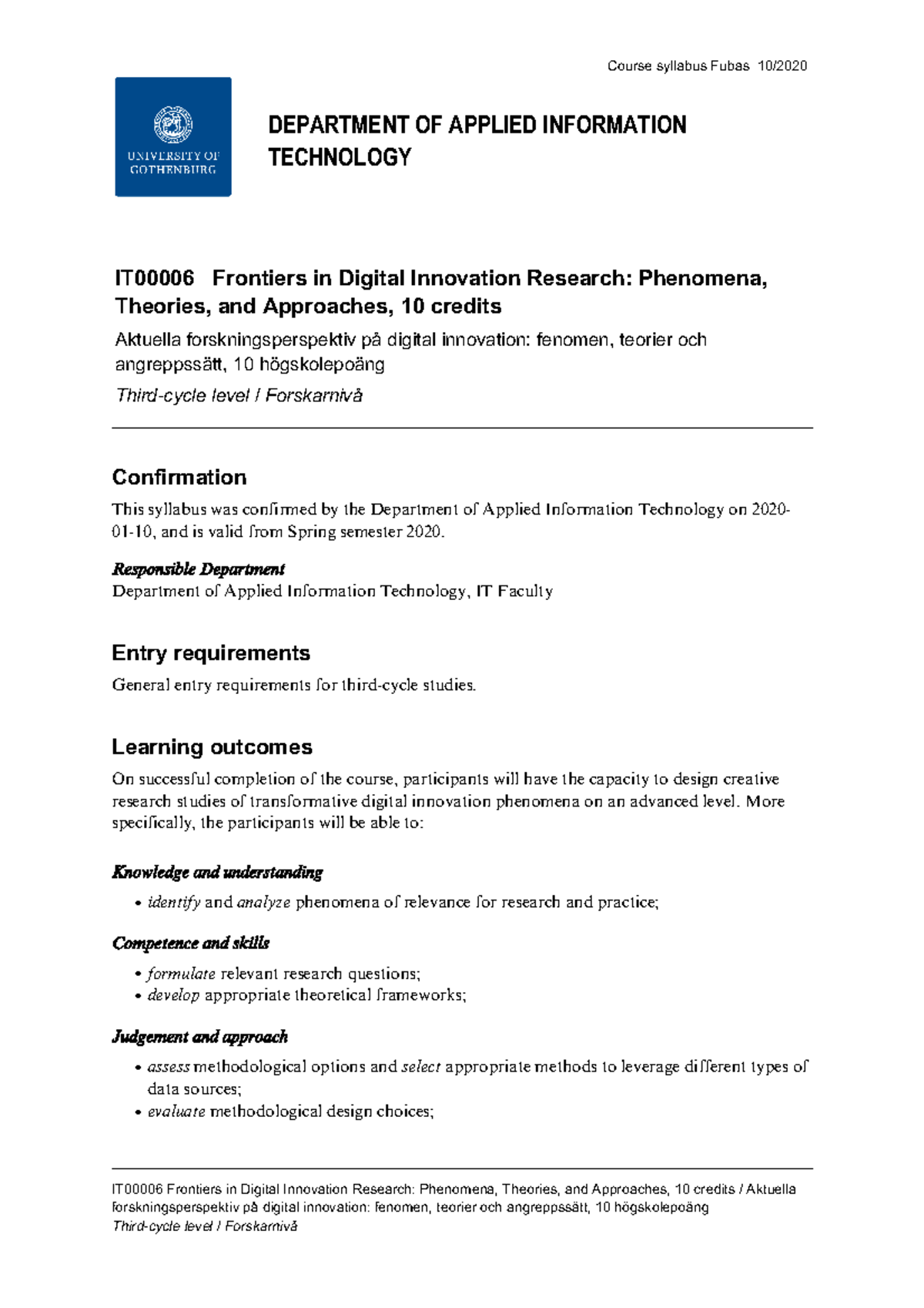 Course syllabus IT00006 - DEPARTMENT OF APPLIED INFORMATION TECHNOLOGY ...