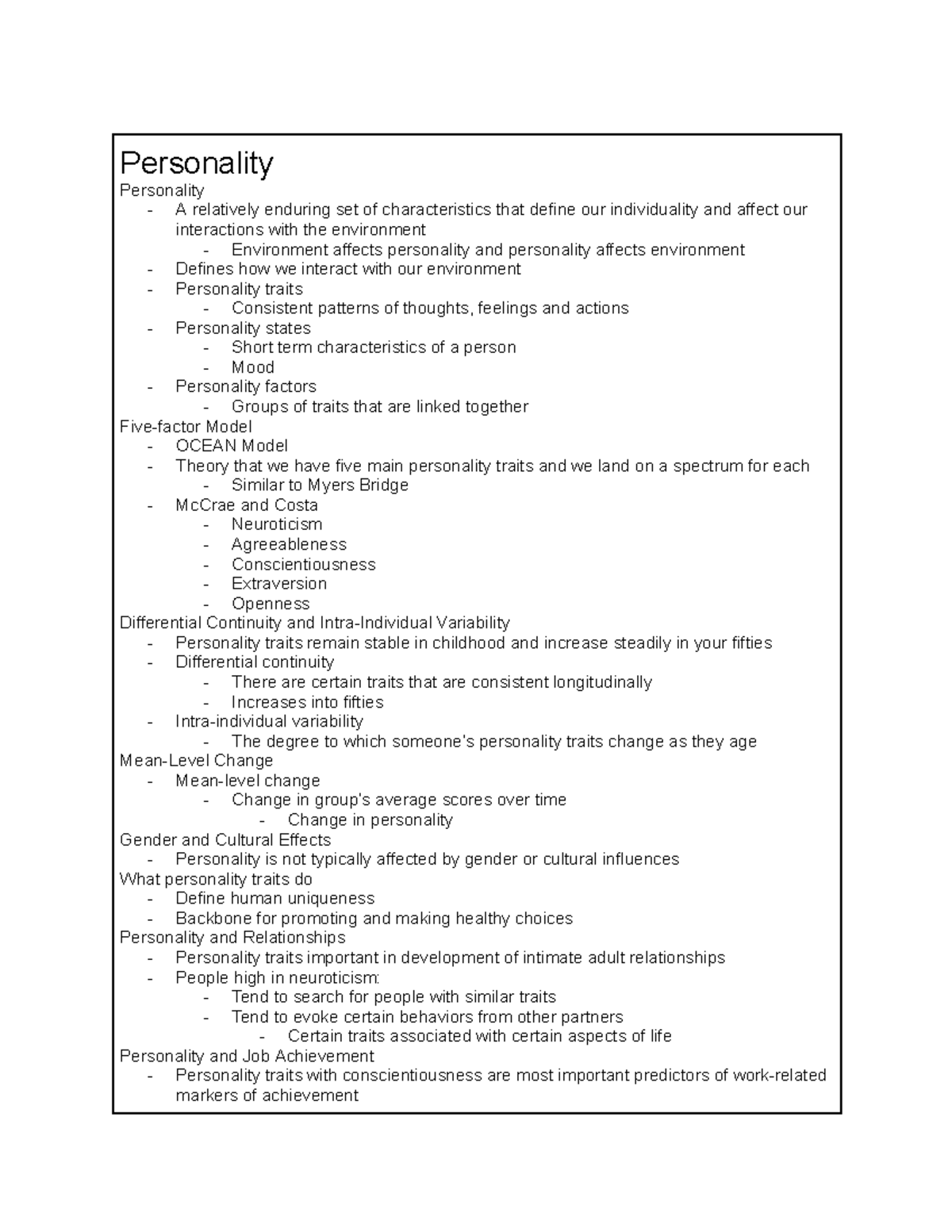 Ch 8 Notes - Personality Personality - A relatively enduring set of ...