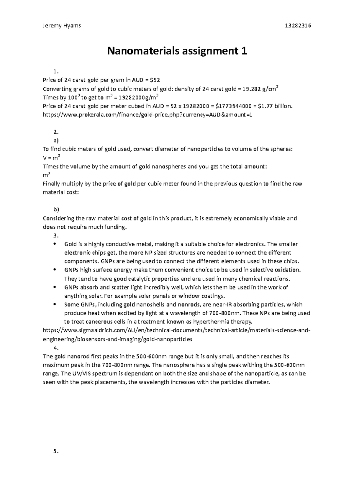 Nanomaterials assignment 1 - Jeremy Hyams 13282316 Nanomaterials ...