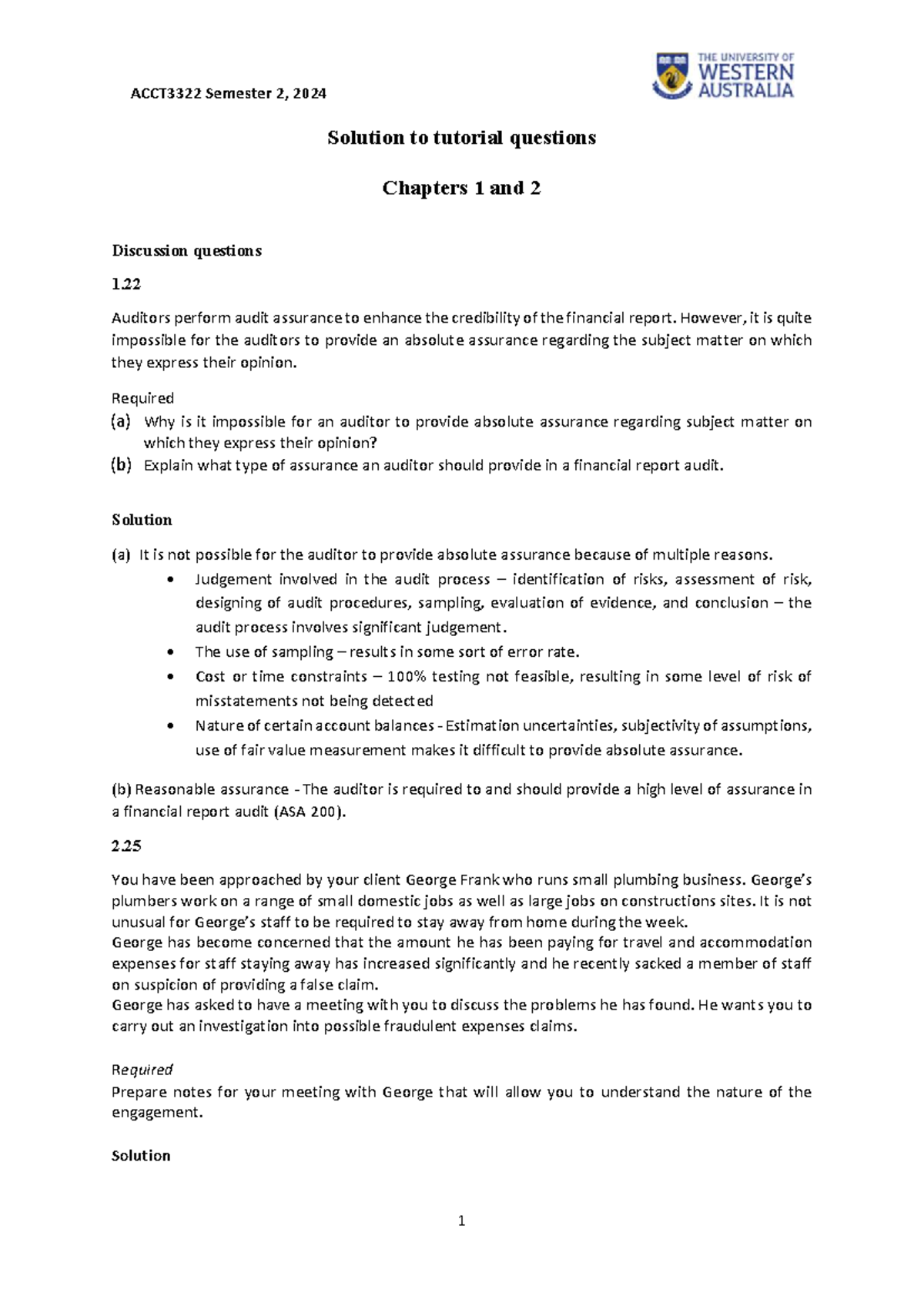 Tute solution Ch.1 and Ch - Solution to tutorial questions Chapters 1 and 2 Discussion questions ...