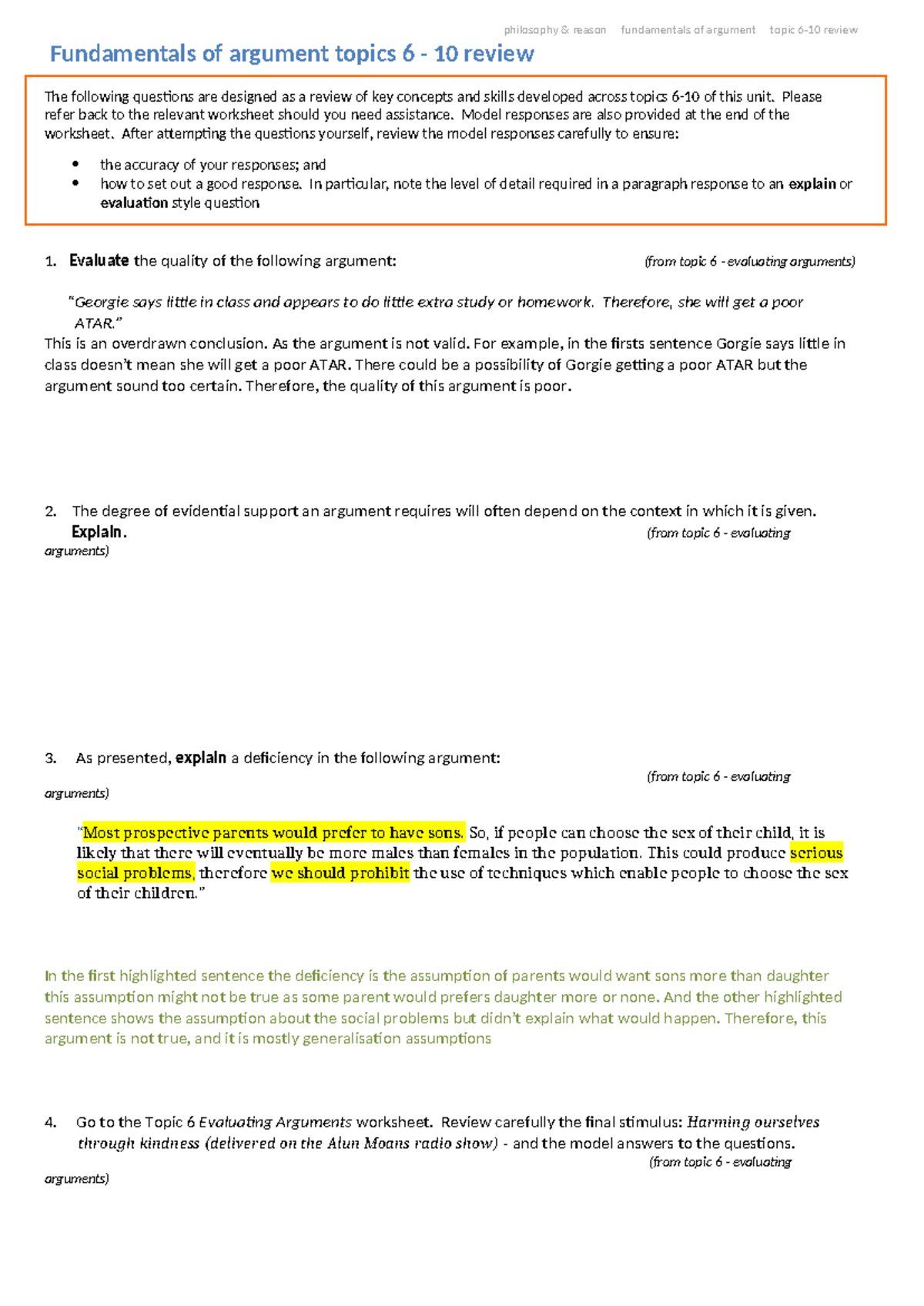 Review Exercise I - Topics 6 - 10 - Fundamentals of argument topics 6 ...