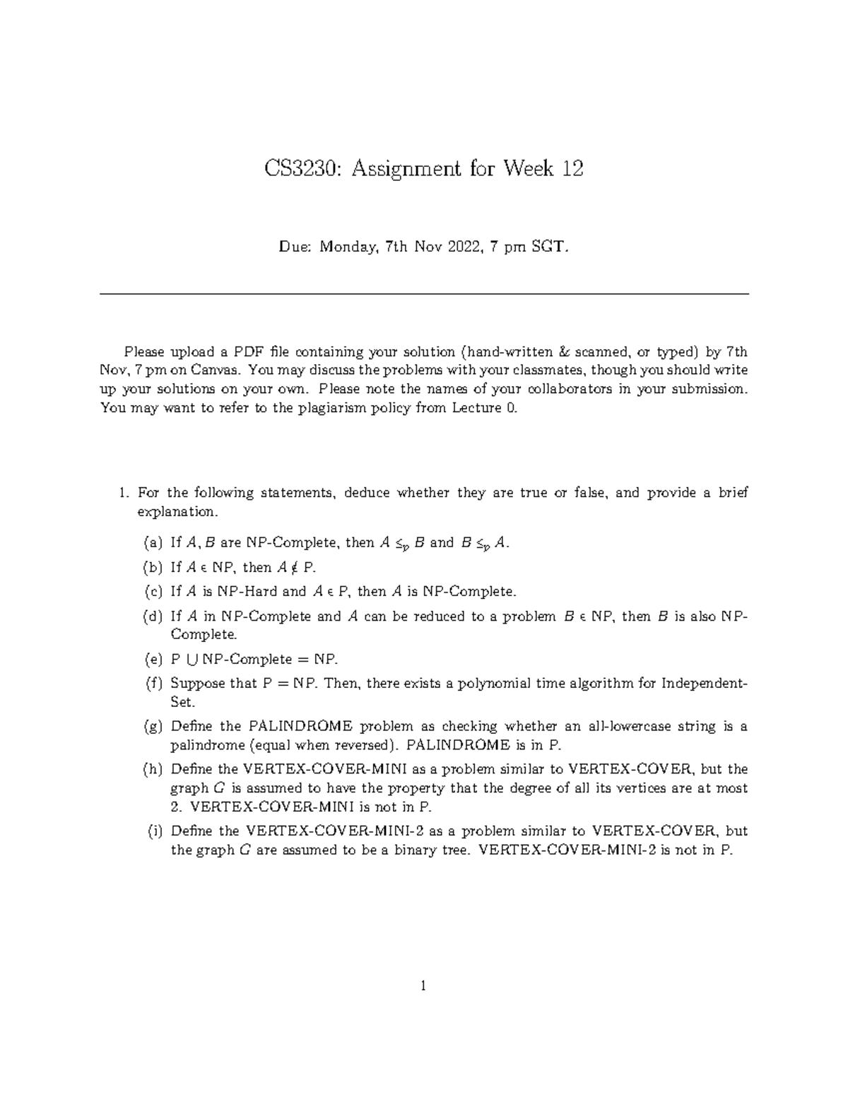 Week12 - Tut - CS3230: Assignment for Week 12 Due: Monday, 7th Nov 2022 ...