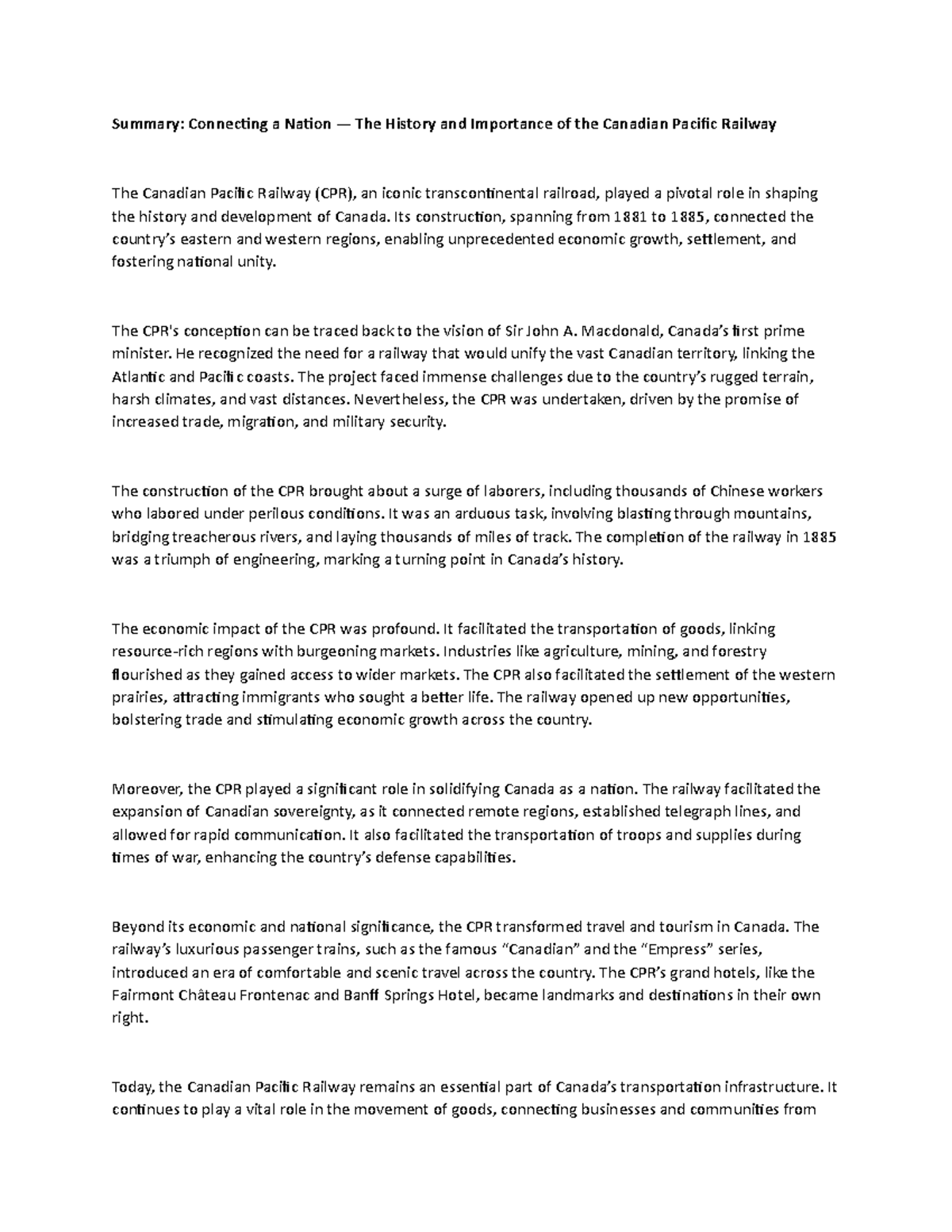 Summary: Connecting a Nation — The History and Importance of the ...