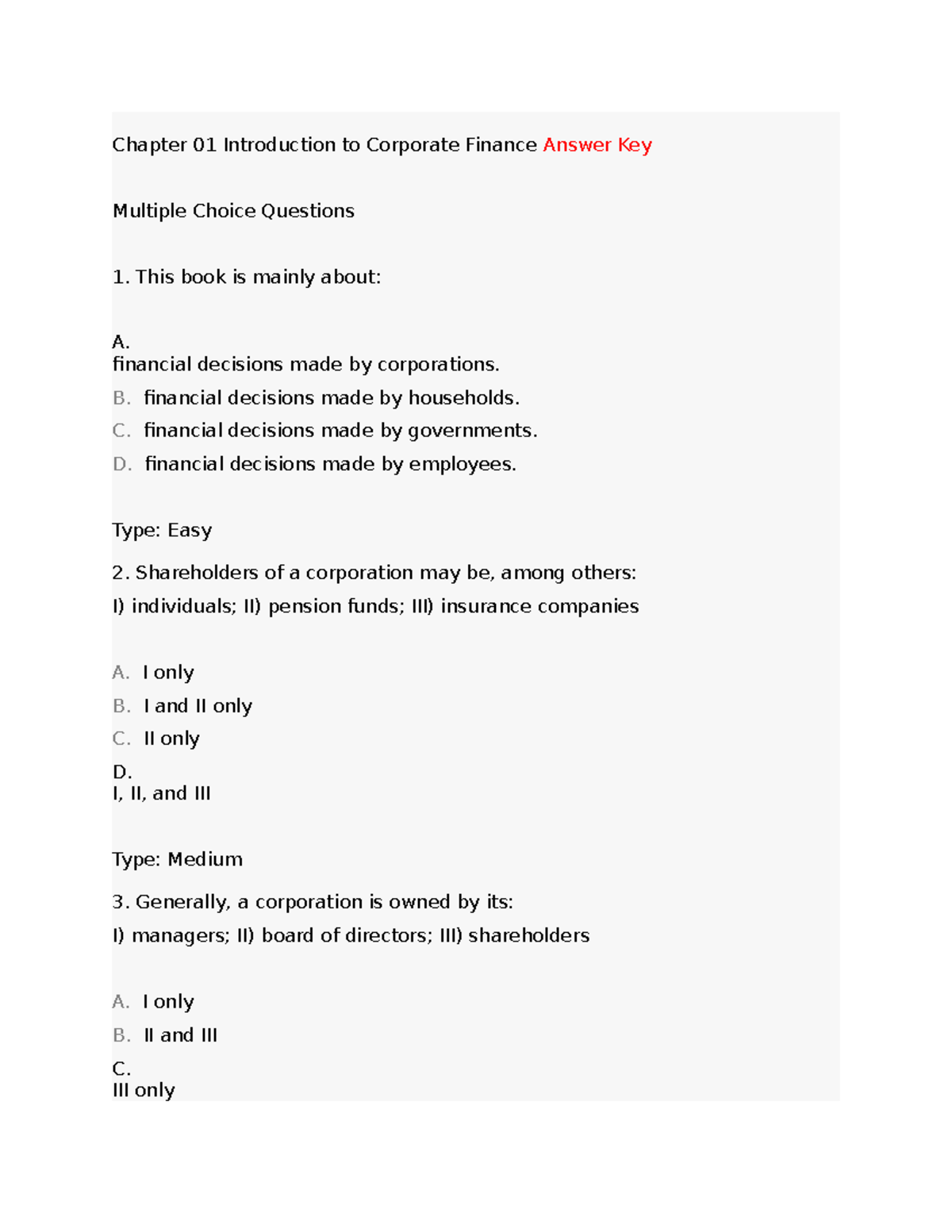 chapter 14 homework - Chapter 01 Introduction to Corporate Finance ...