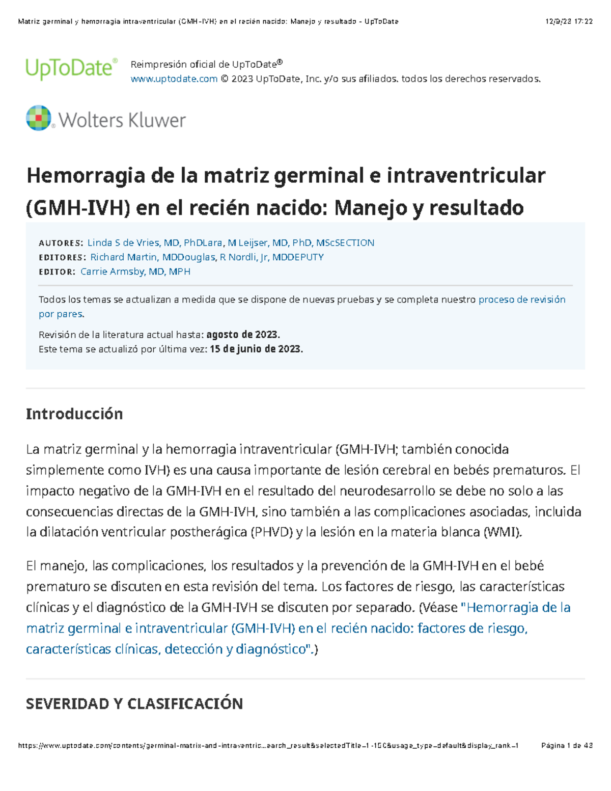 Matriz germinal y hemorragia intraventricular (GMH-IVH) en el recién ...