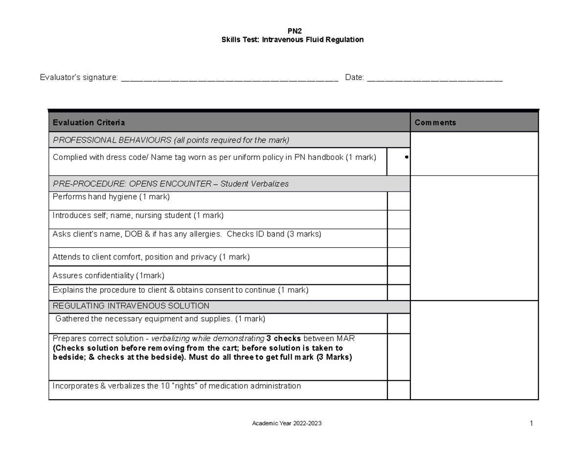 Rubric - Intravenous Fluid Regulation - PN Skills Test: Intravenous ...