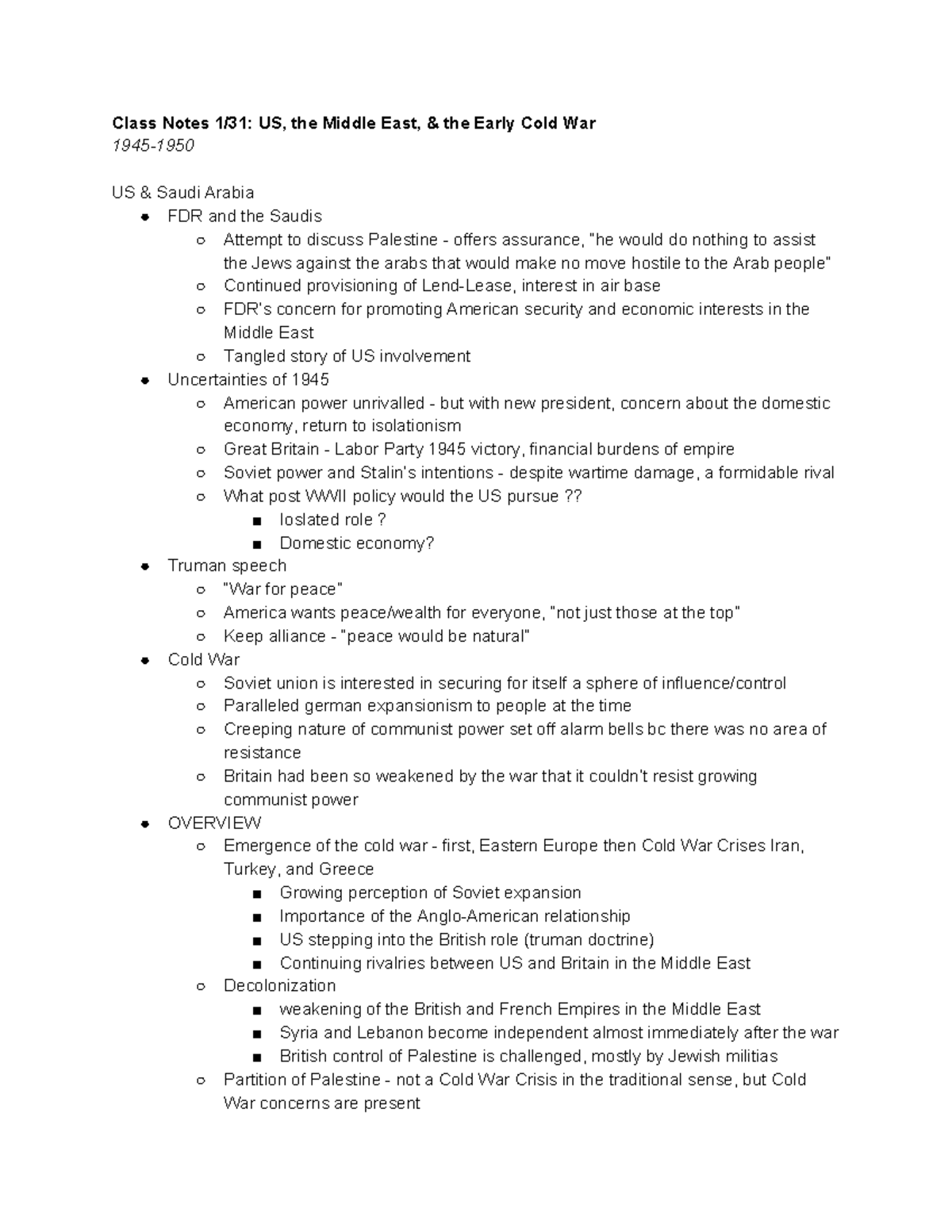 Class Notes 1/31 US, the Middle East, & the Early Cold War - Class ...