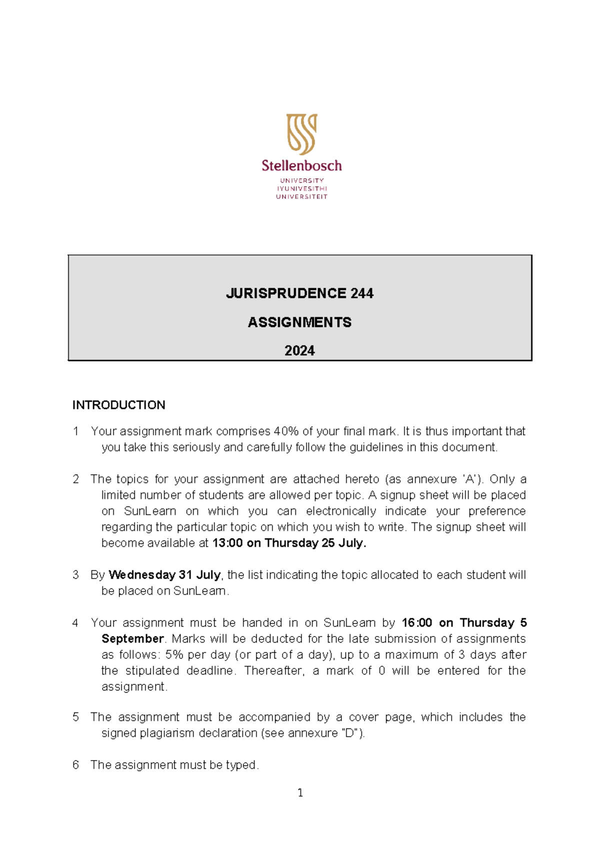 Jurisprudence 244 Assignment instructions 2024 - JURISPRUDENCE 244 ASSIGNMENTS 2024 INTRODUCTION ...