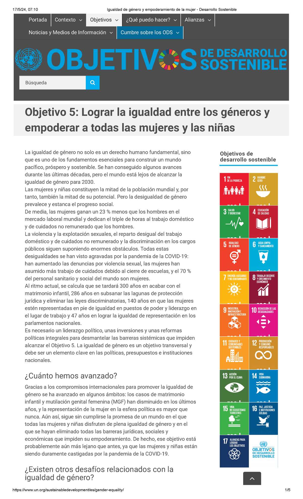 Igualdad de género y empoderamiento de la mujer - Desarrollo Sostenible - Objetivo 5: Lograr la ...