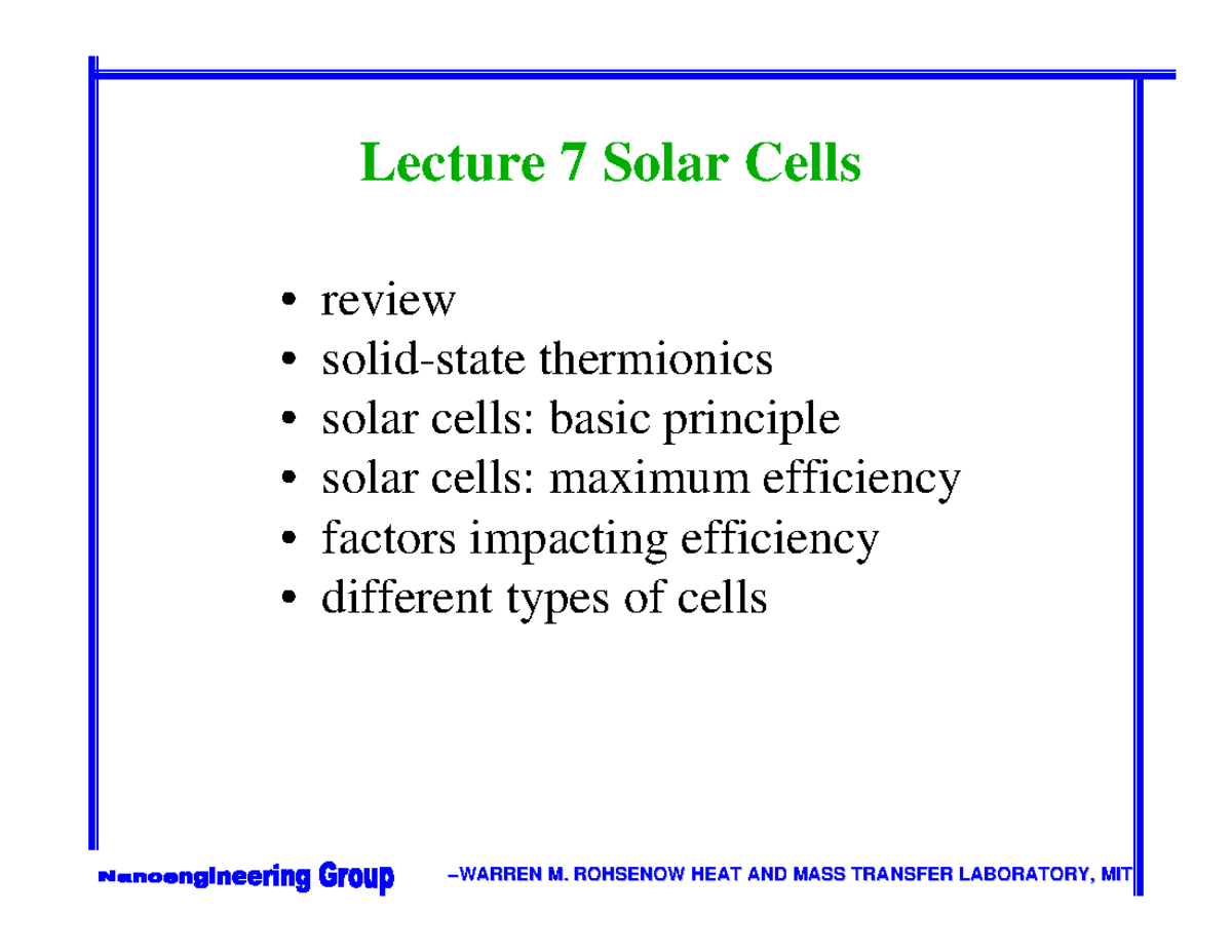 Lecture 7 Solar Cells - Lecture 7 Solar Cells review solidstate ...