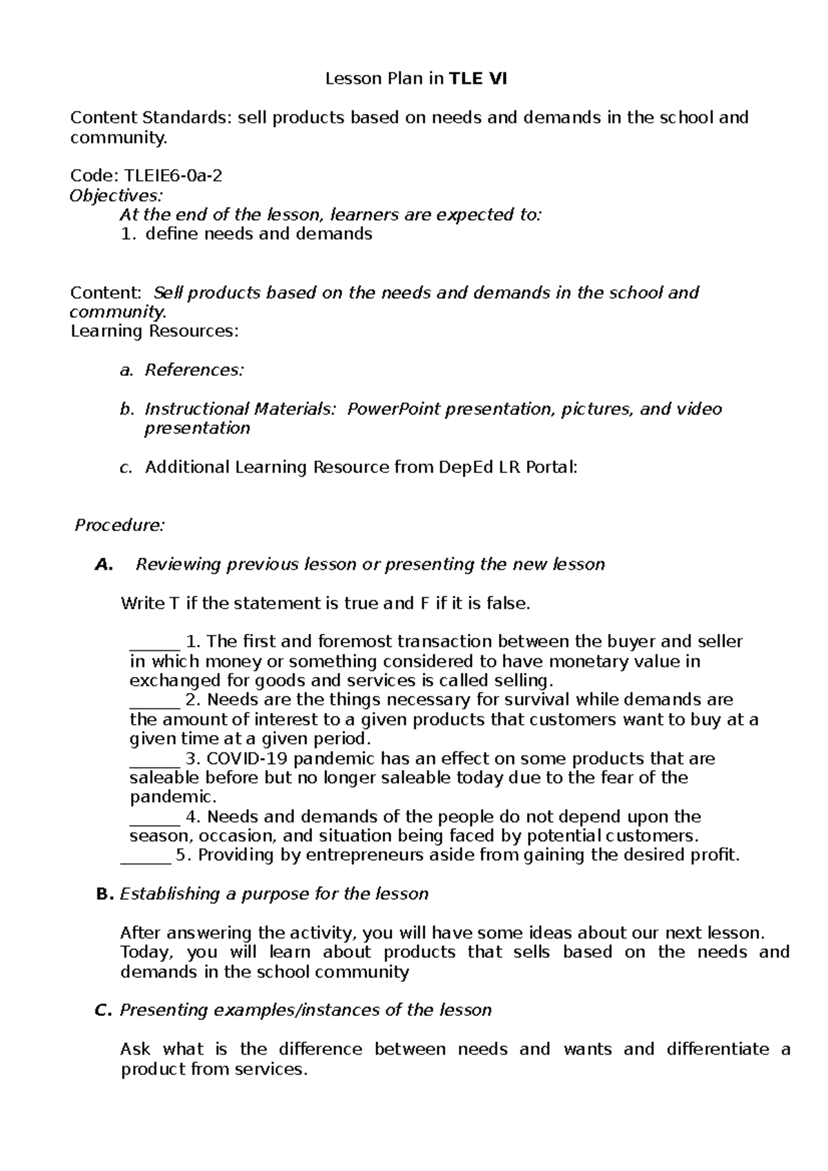 TLE Q2 A Detailed Lessonplan In TLE 6 Quarter 2 Lesson Plan In TLE 