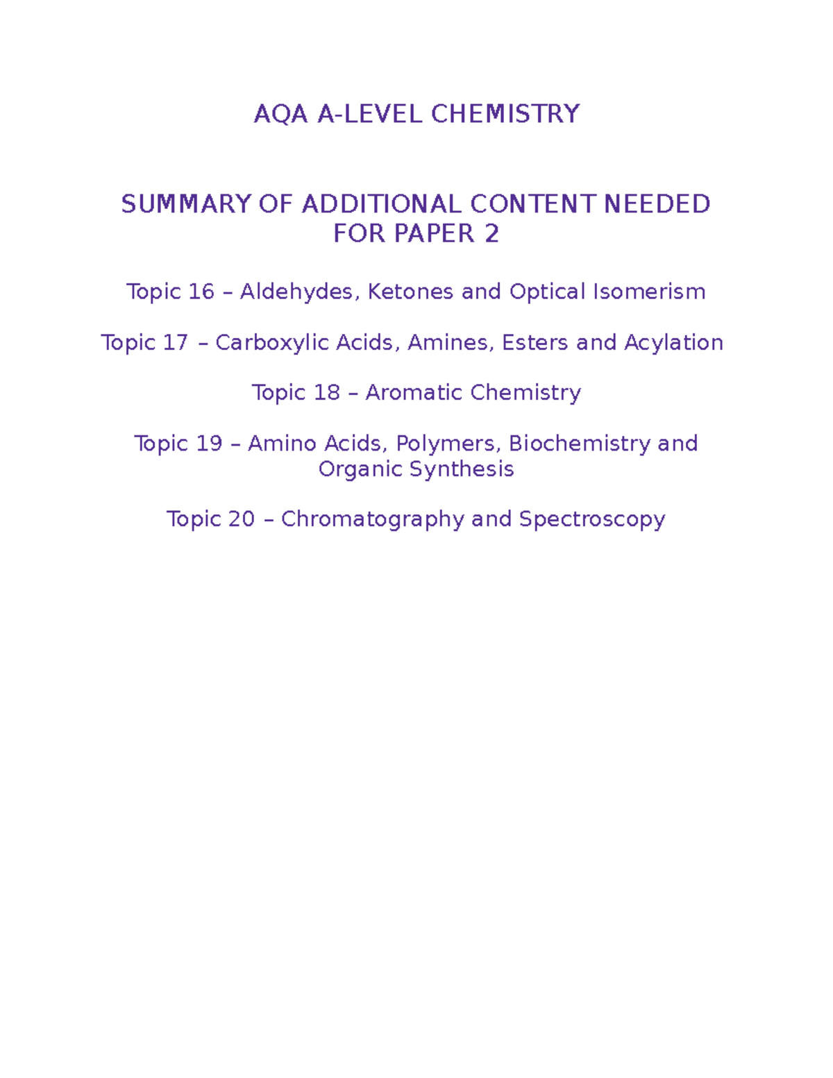 Paper 2 summary new content for a-level - AQA A-LEVEL CHEMISTRY SUMMARY ...