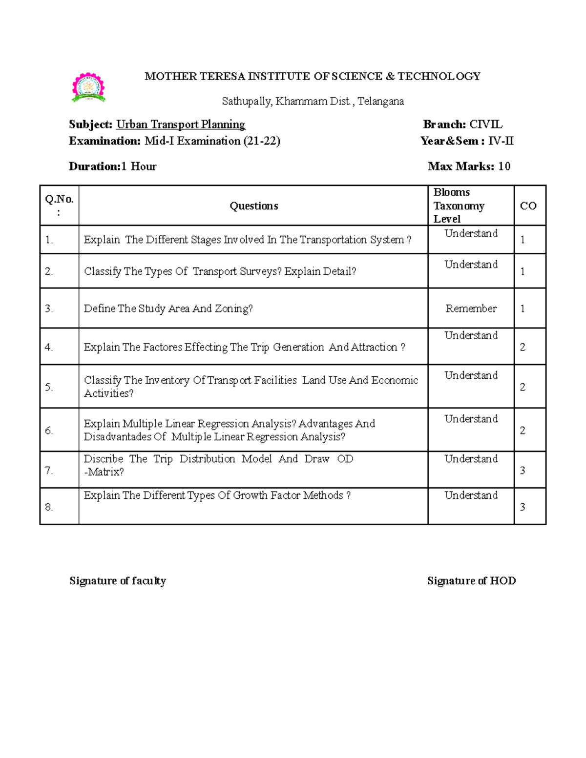 Urban Transport Planning Question paper - MOTHER TERESA INSTITUTE OF ...