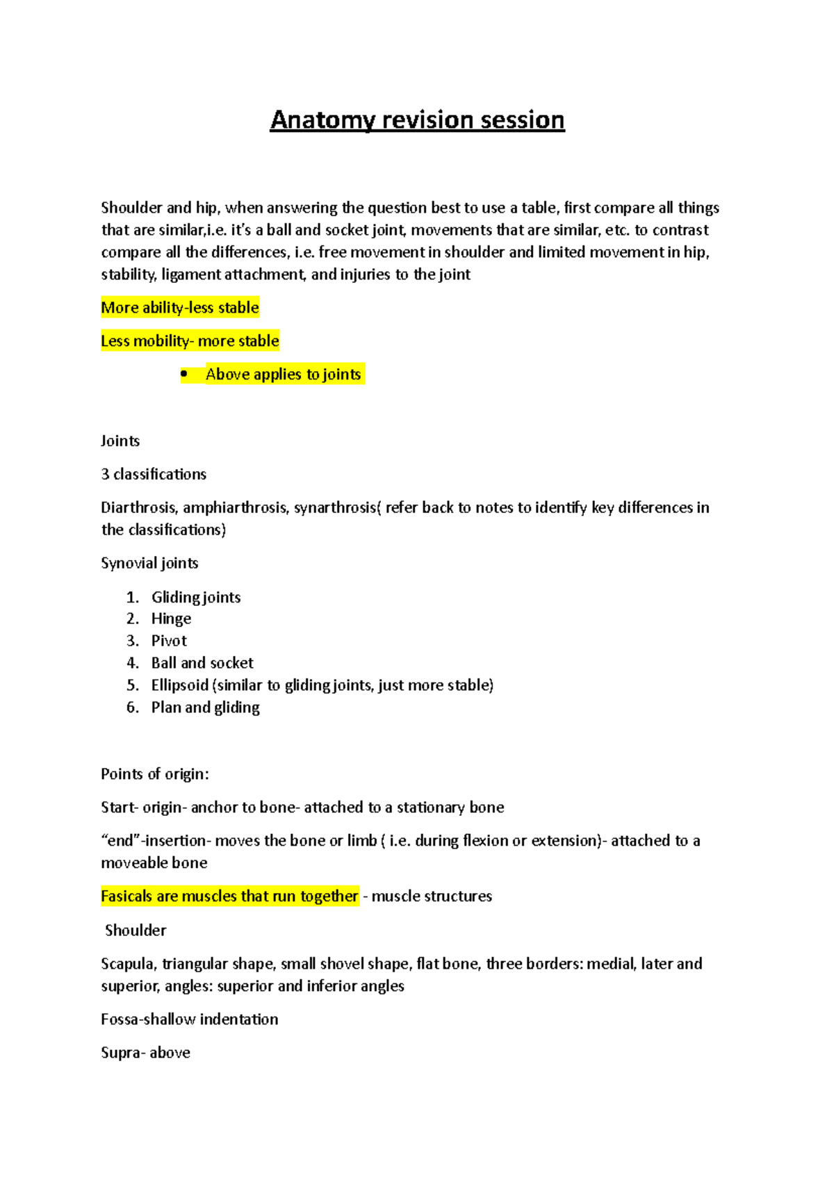 Anatomy revision session - Anatomy revision session Shoulder and hip ...