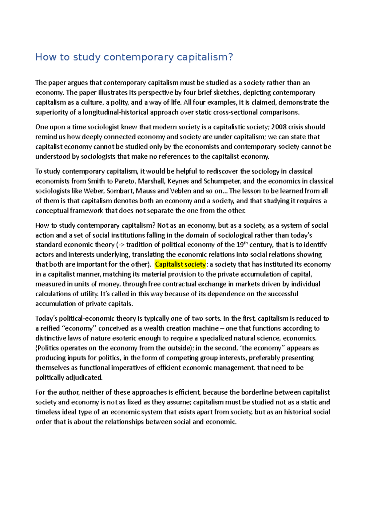 How to study contemporary capitalism - The paper illustrates its ...