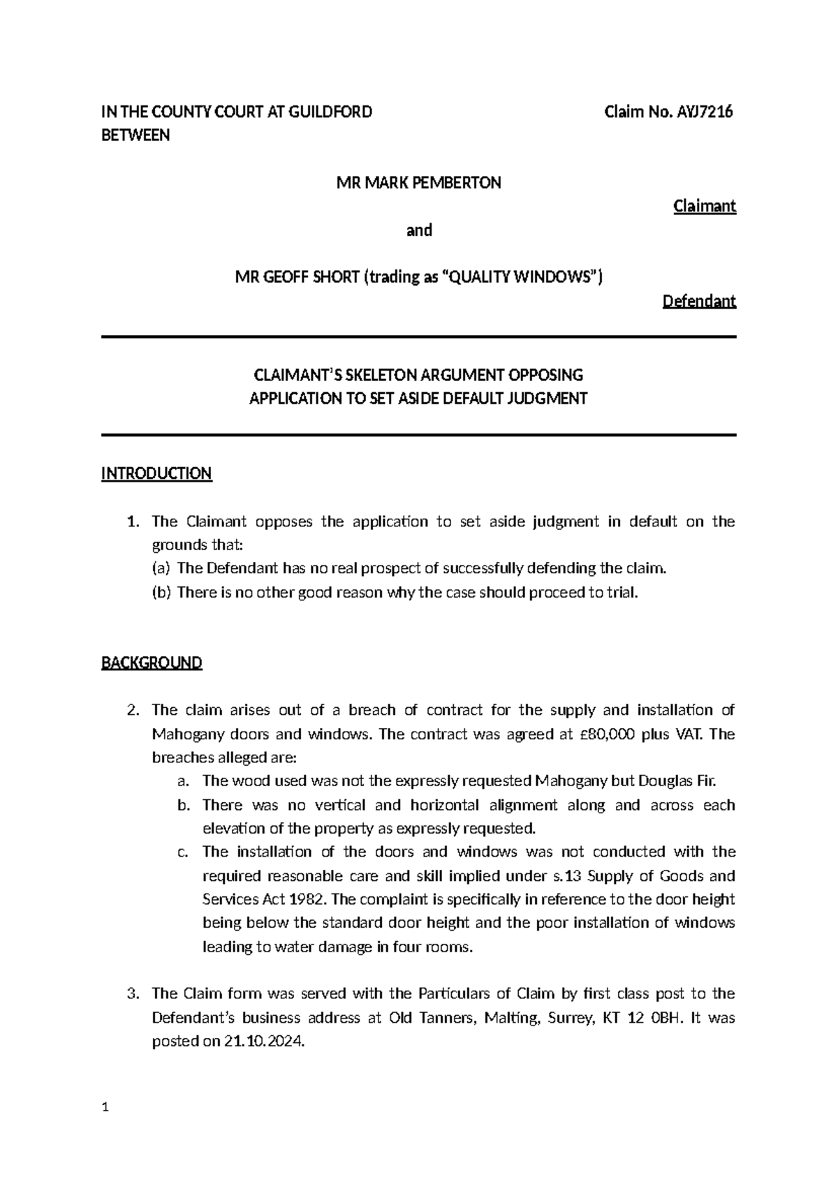 Skeleton - Claimant - IN THE COUNTY COURT AT GUILDFORD Claim No. AYJ ...